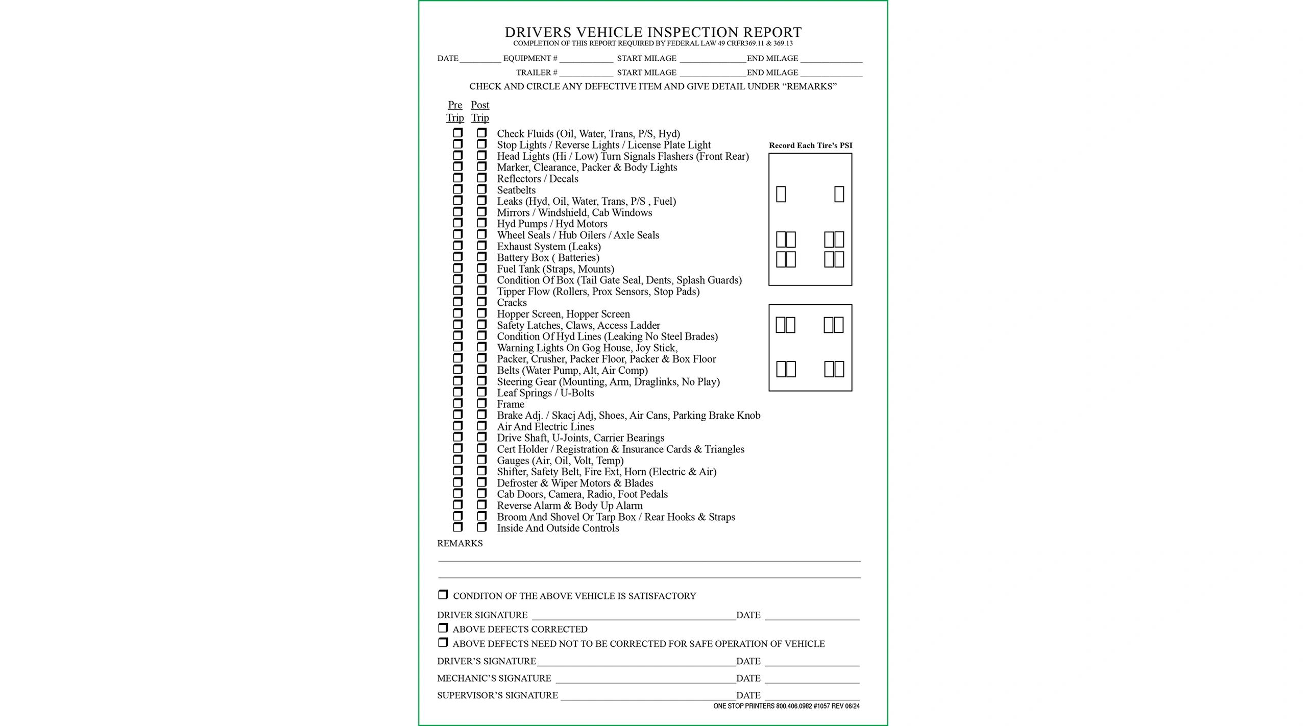 Trash Truck Driver’s Vehicle Inspection Report
