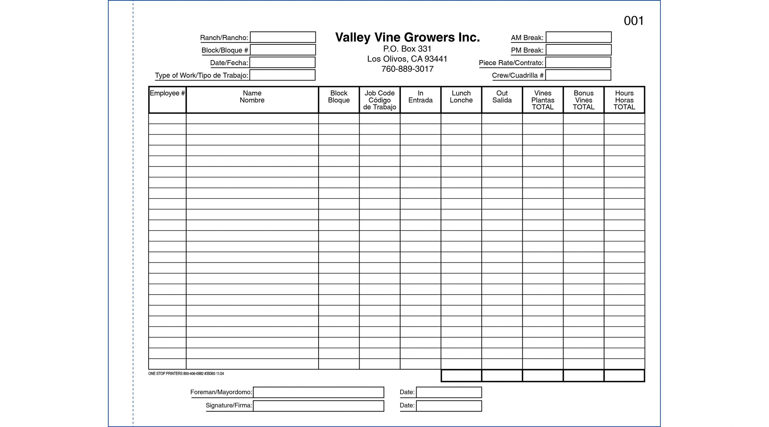 Vineyard Employee Time Sheet Books
