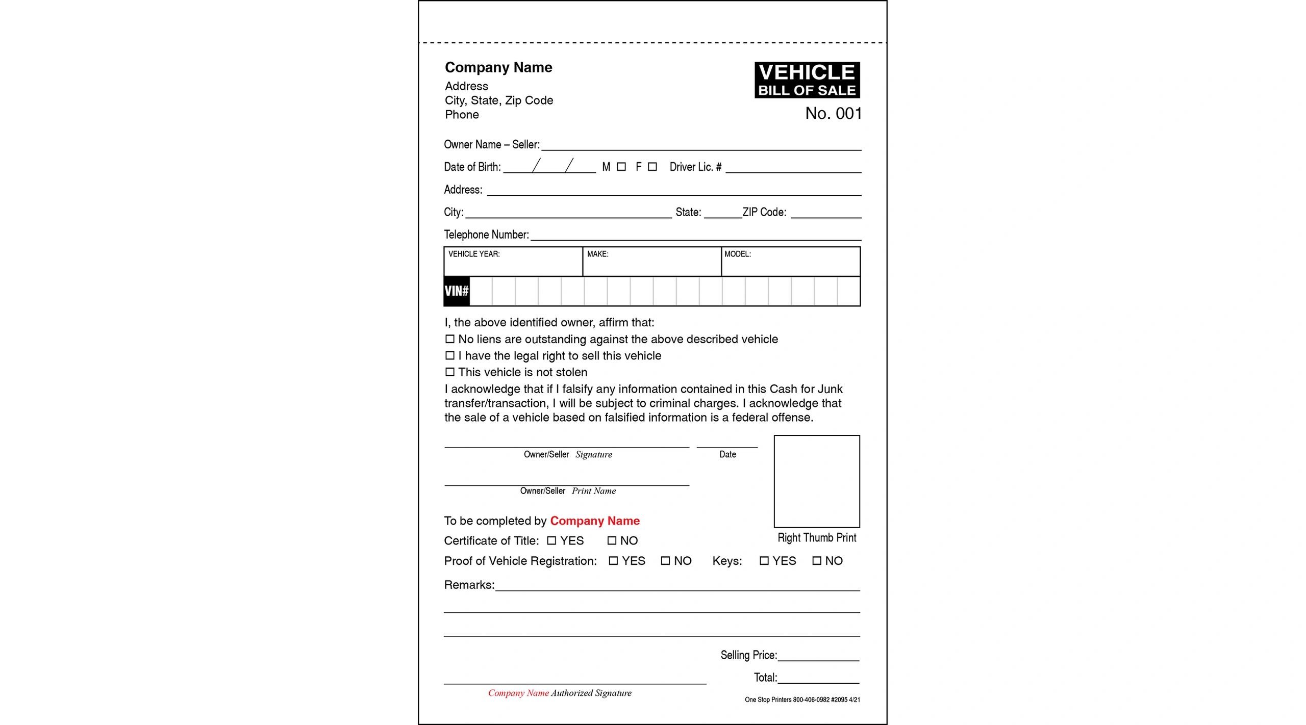 Towing Company Vehicle Bill of Sale