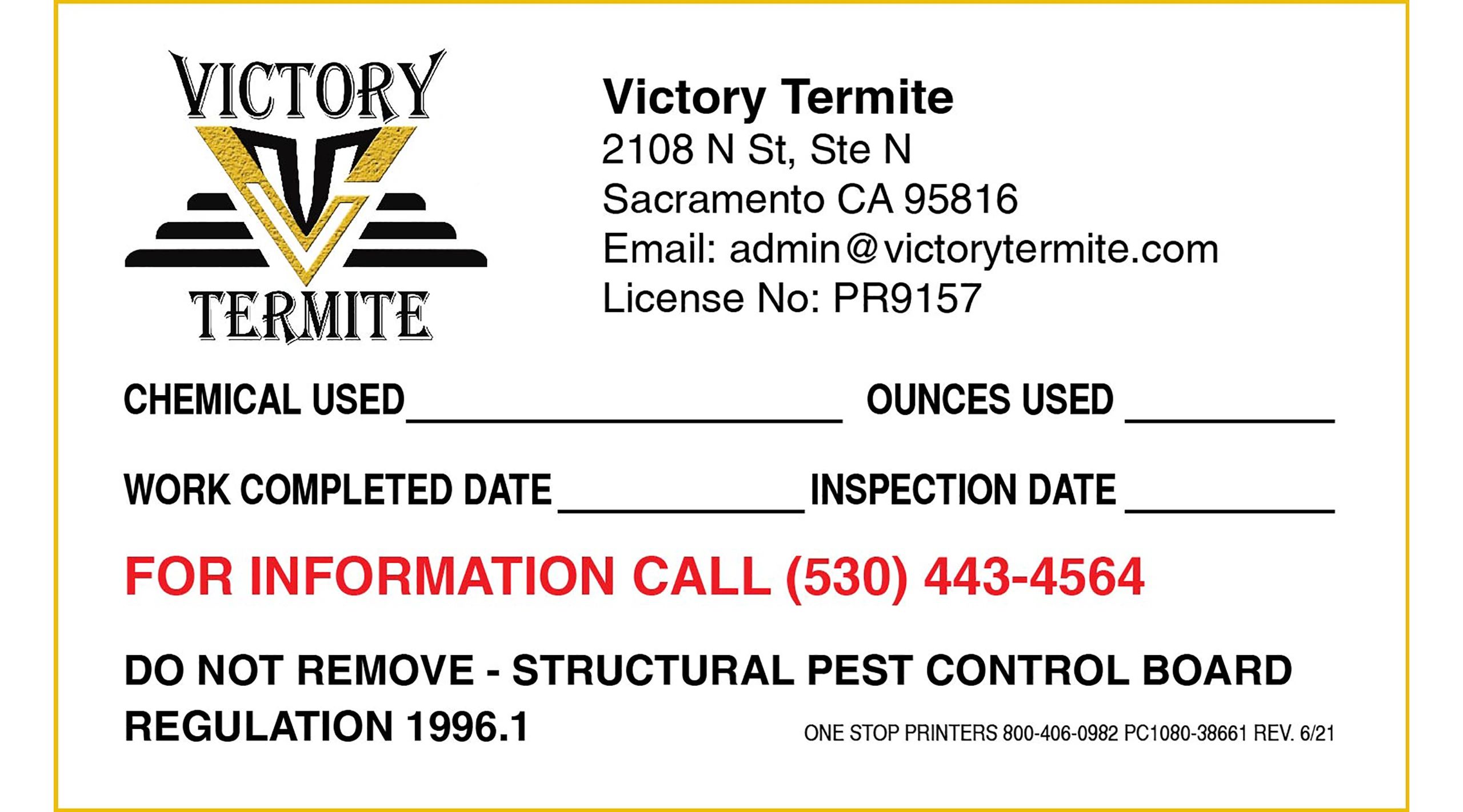 California Termite Work Completed Sticker