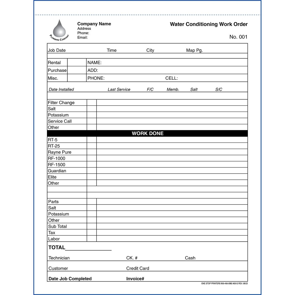 Plumbing Water Conditioning Work Order #2012