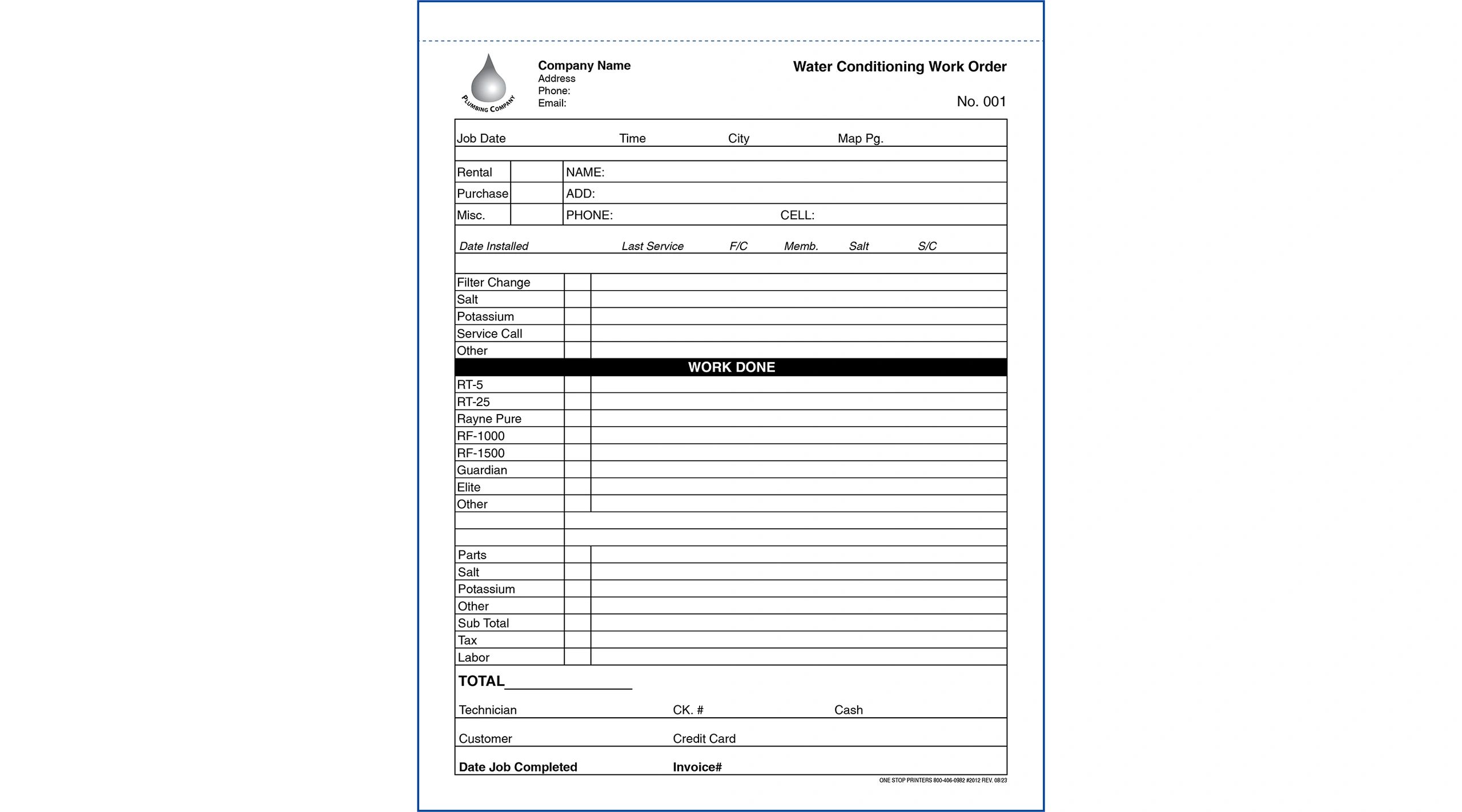 Water Conditioning Work Order/Invoice