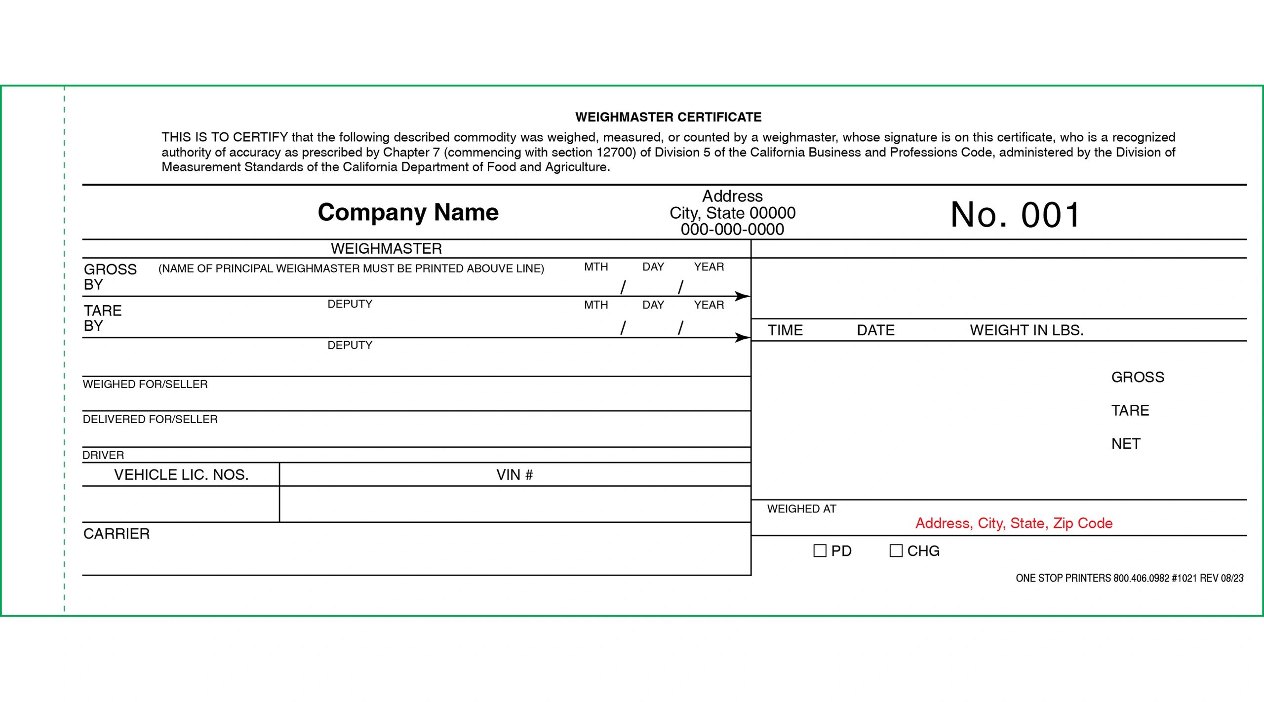 California Feed Store Weighmaster Certificate