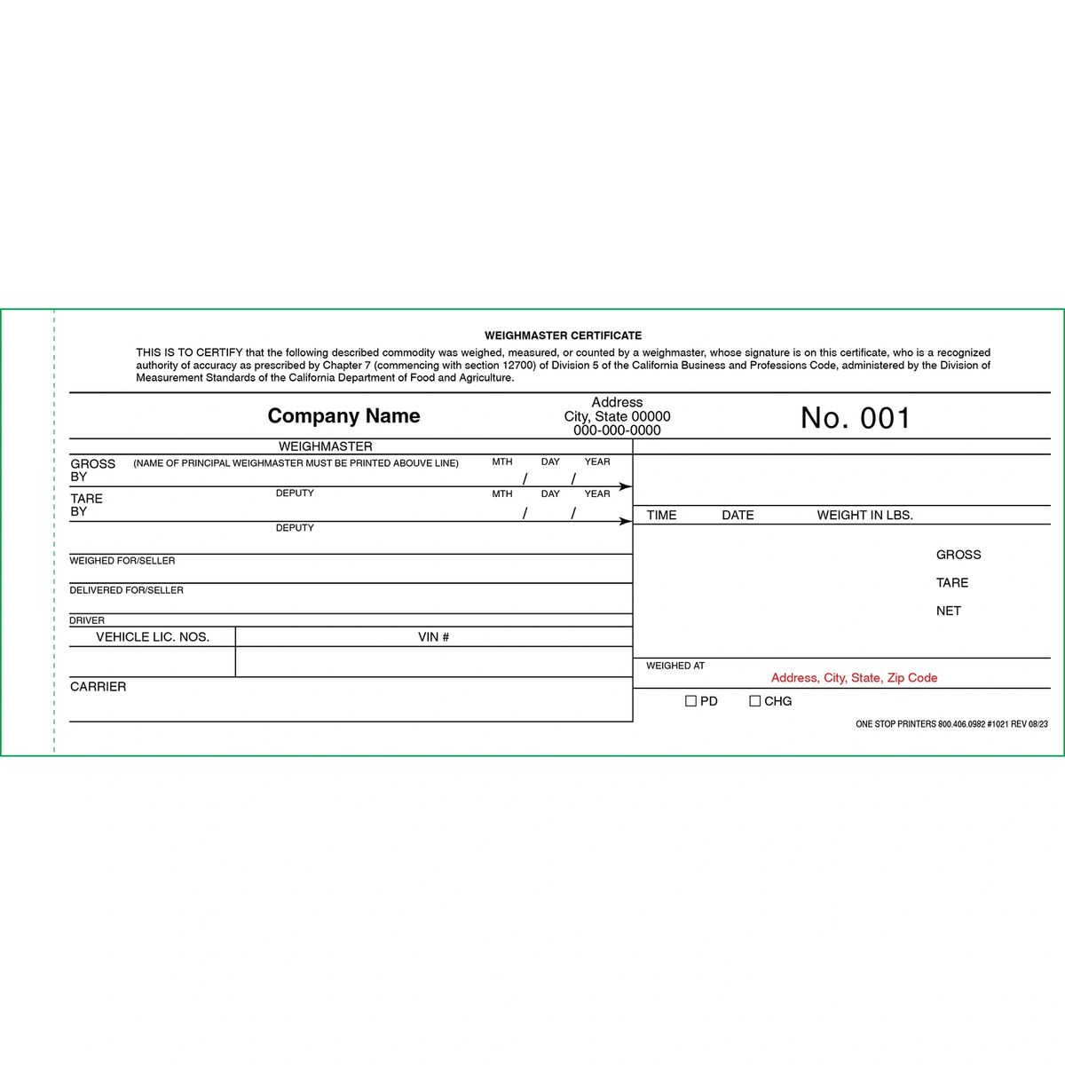 Feed Store Weighmaster Certificate #1021