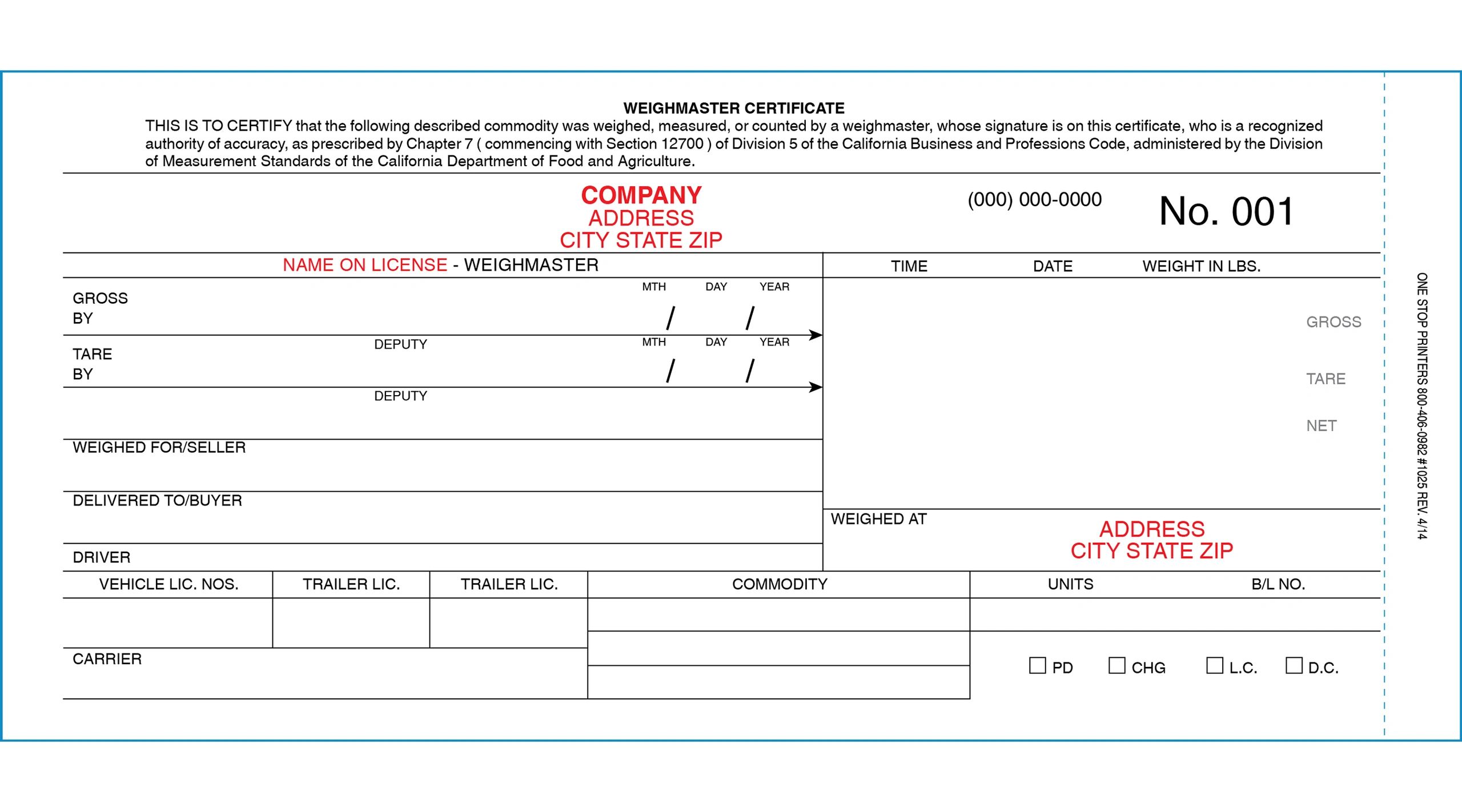 Weighmaster Certificate and Scale House Weight Receipt