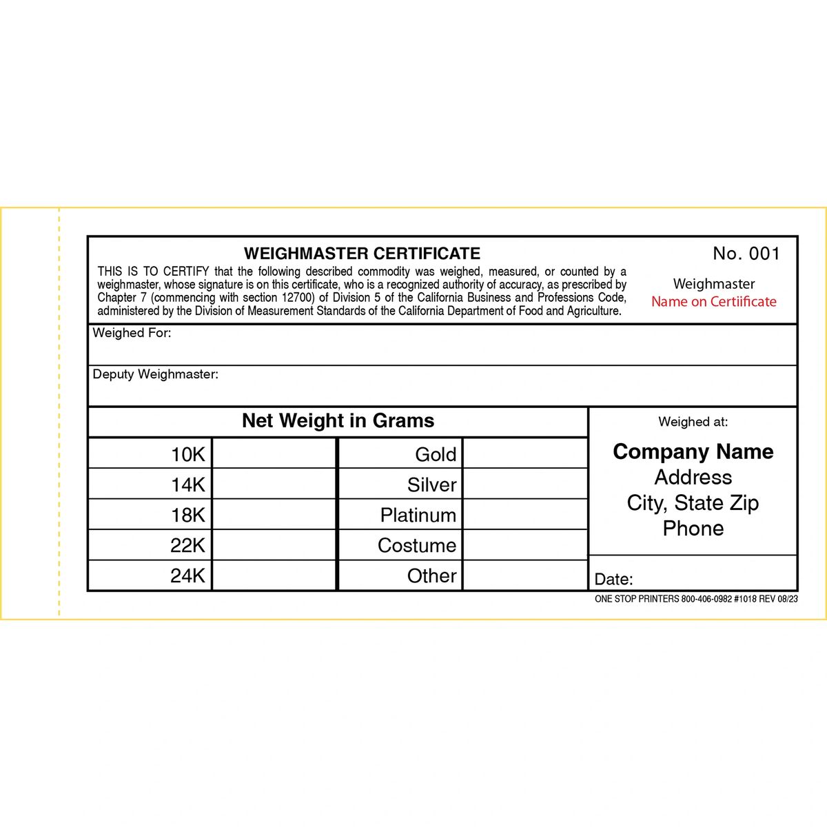 Precious Metals Weighmaster Certificate #1018