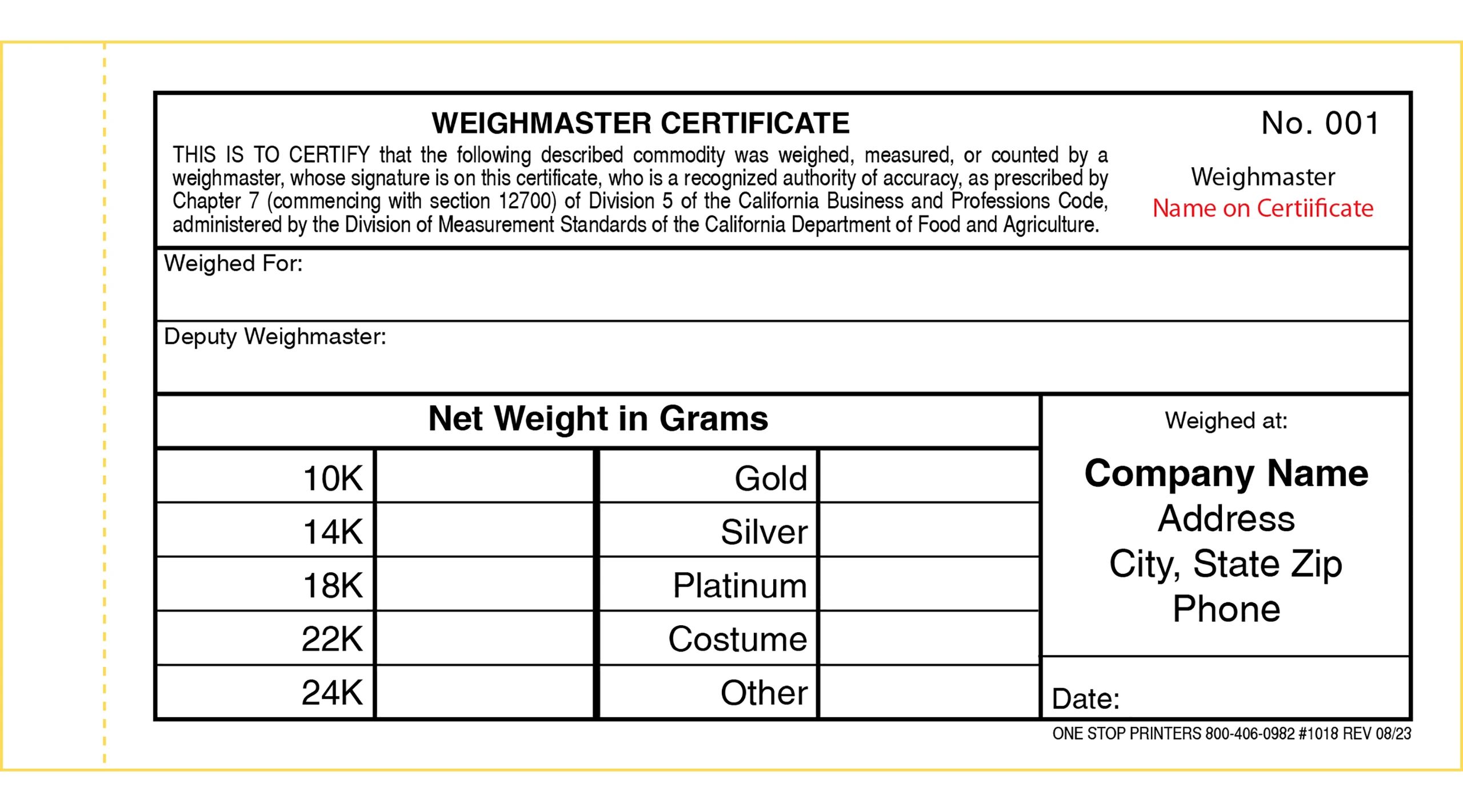 Precious Metals Weighmaster Certificate