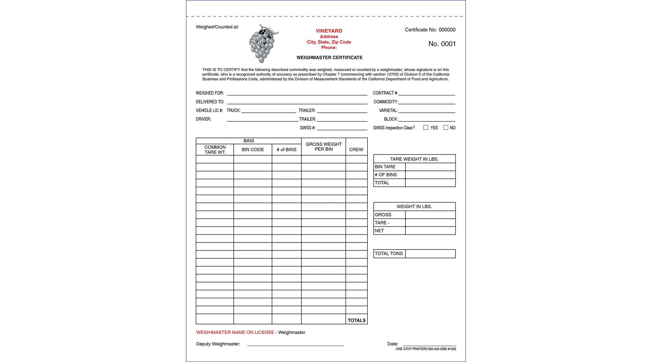 California Wine Grape and Vineyard Weighmaster Certificate