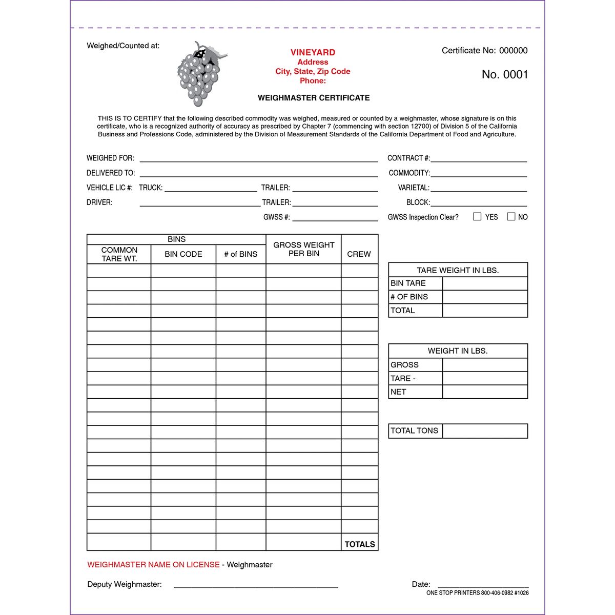 Vineyard Weighmaster Certificate #1026