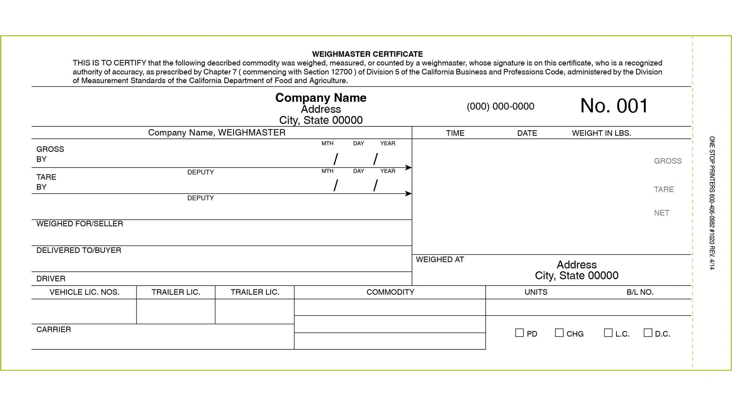 Grain and Flour Weighmaster Certificate