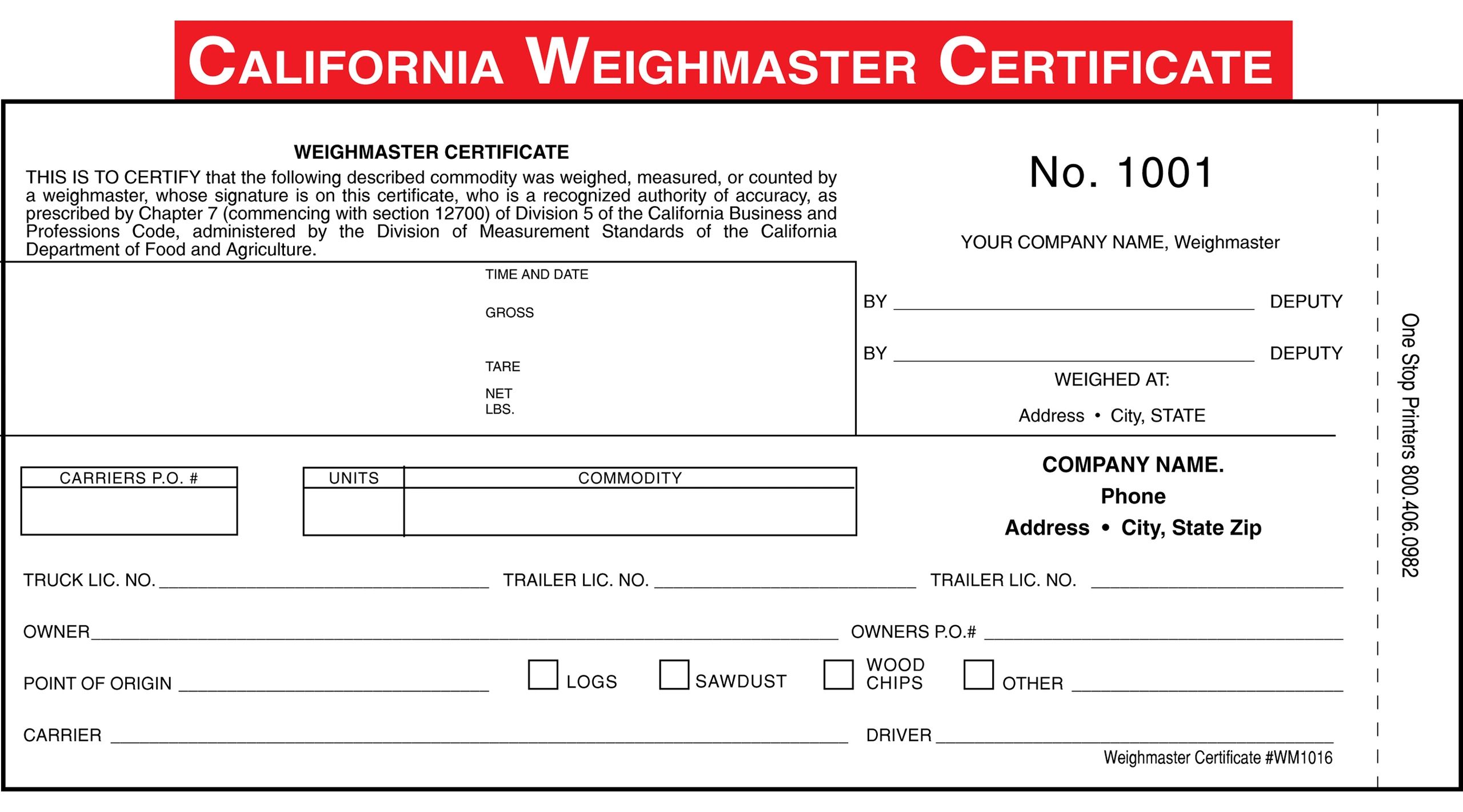Forestry Weighmaster Certificate