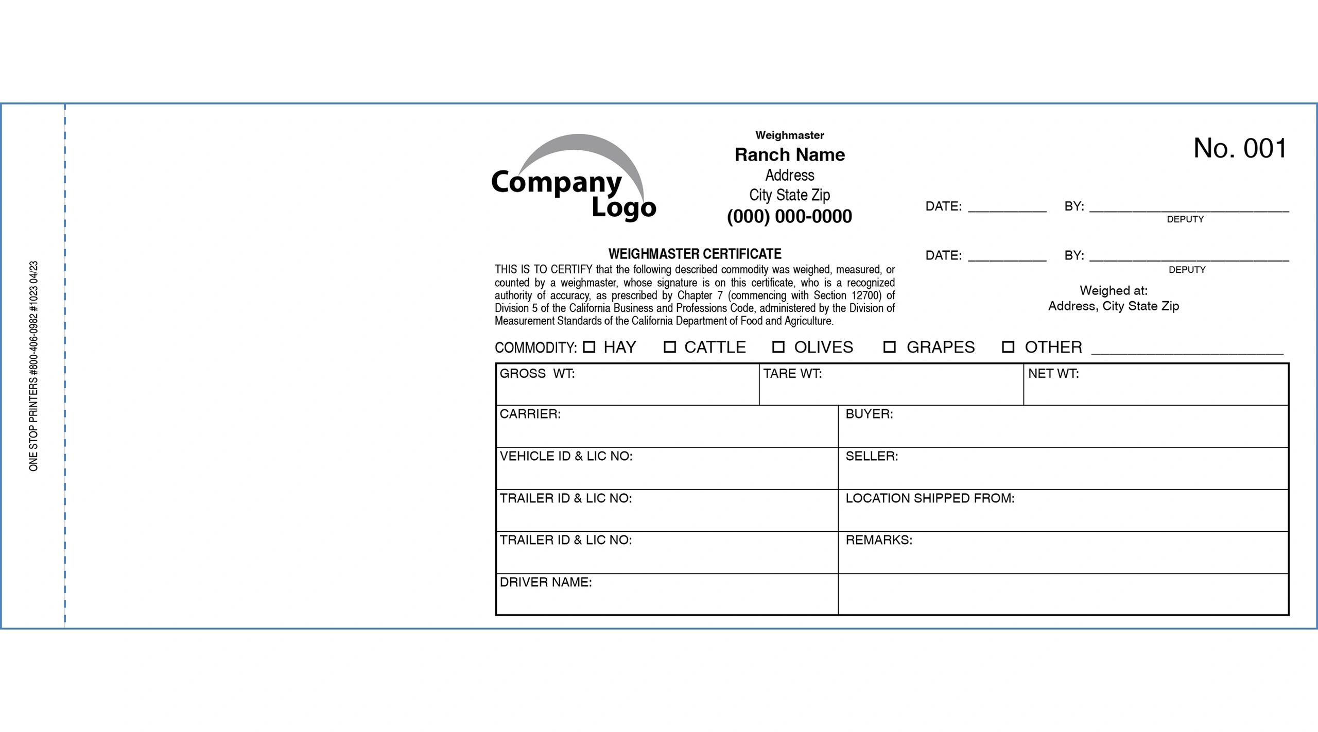 California Hay and Fruit Weighmaster Certificate