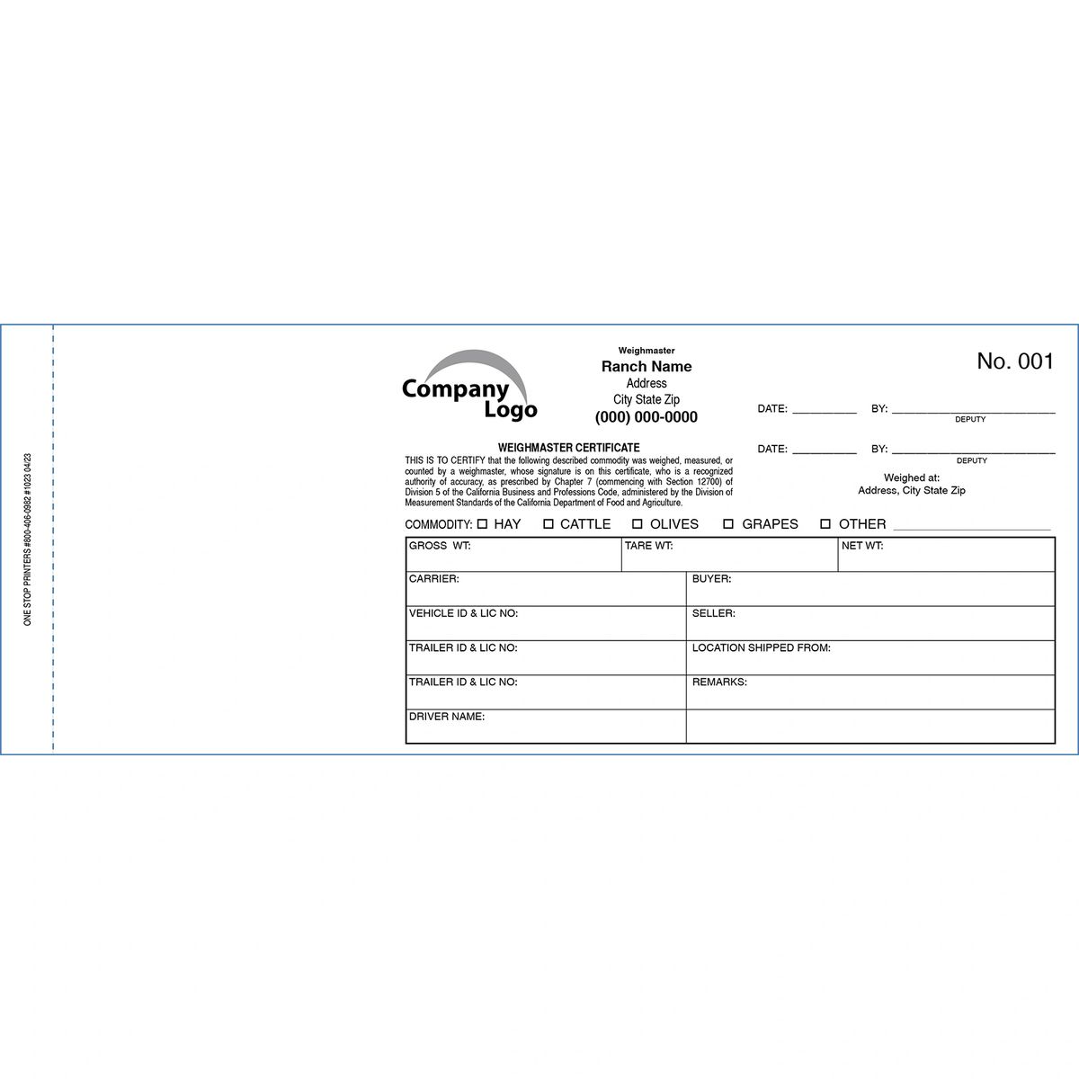 Hay and Fruit Weighmaster Certificate #1023