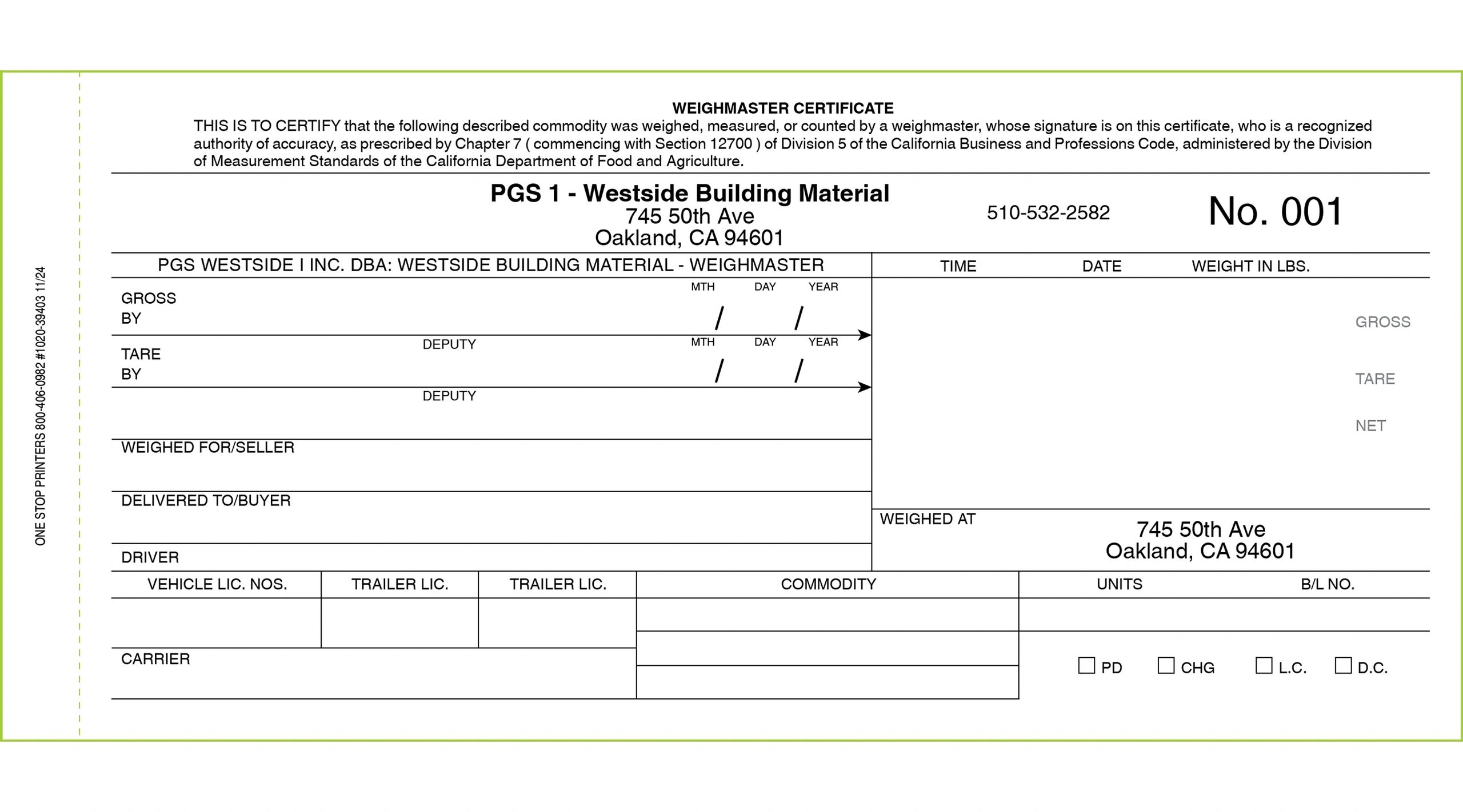 Scale House Weight Receipt