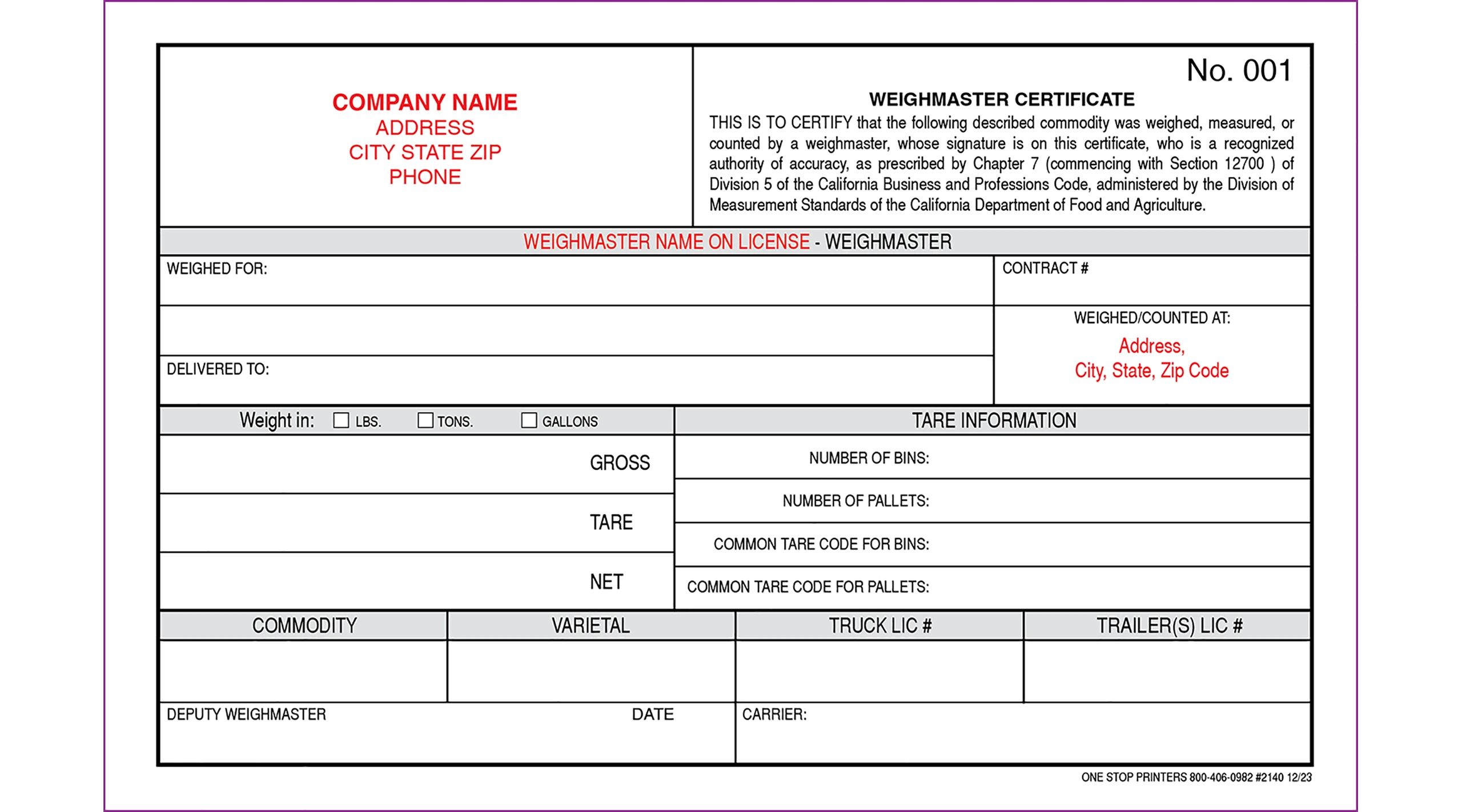 California Wine Grape and Vineyard Weighmaster Certificate