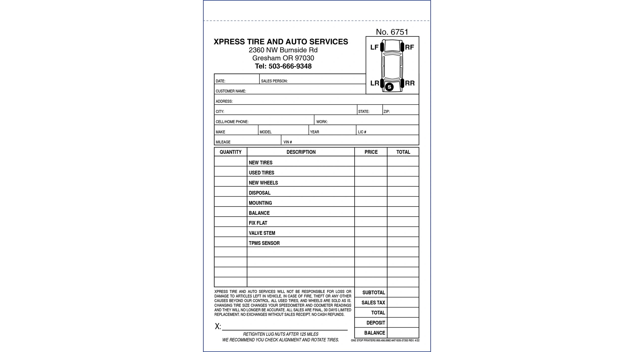 Auto Shop Tire Invoice