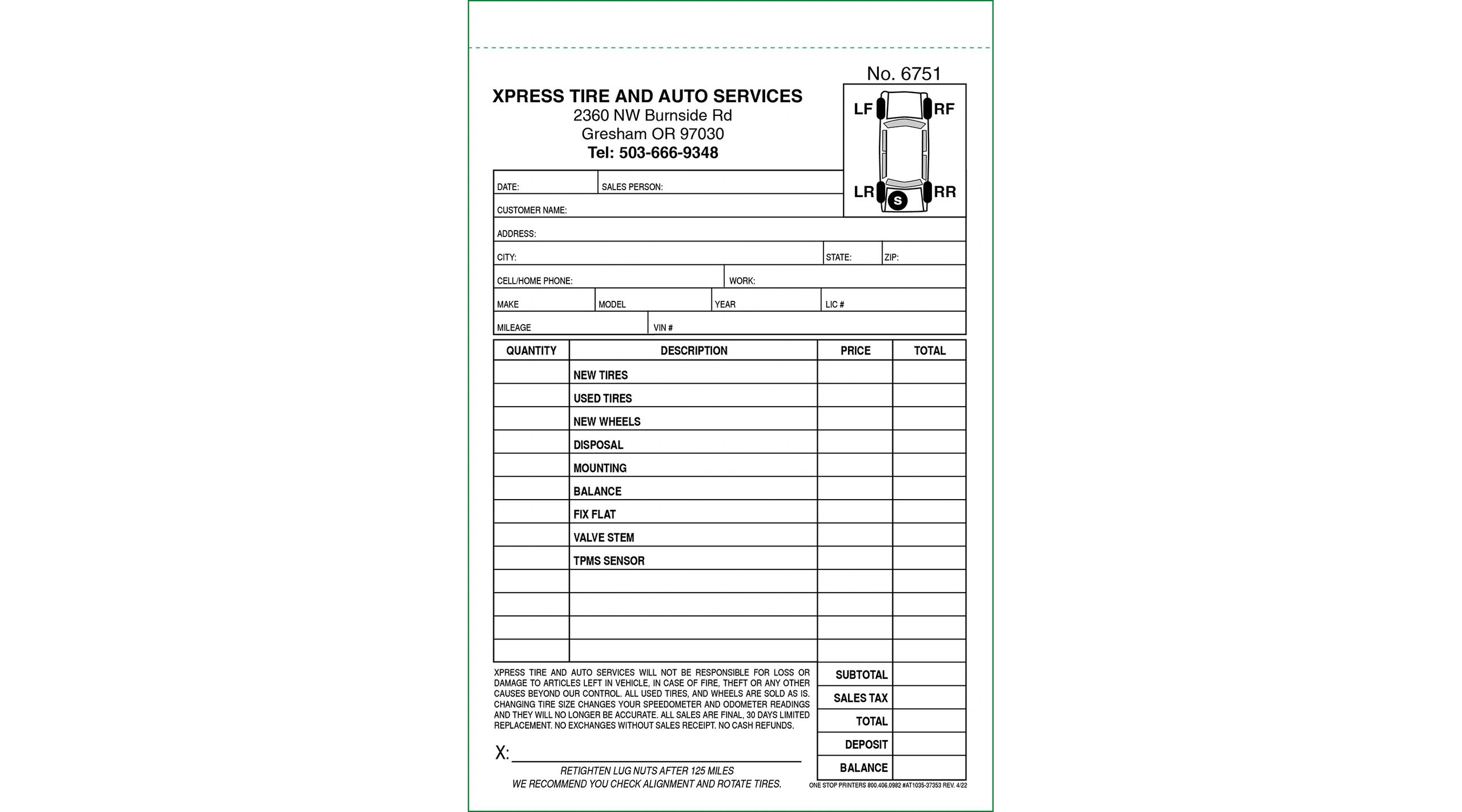 Tire Shop Repair Order and Sales Invoice