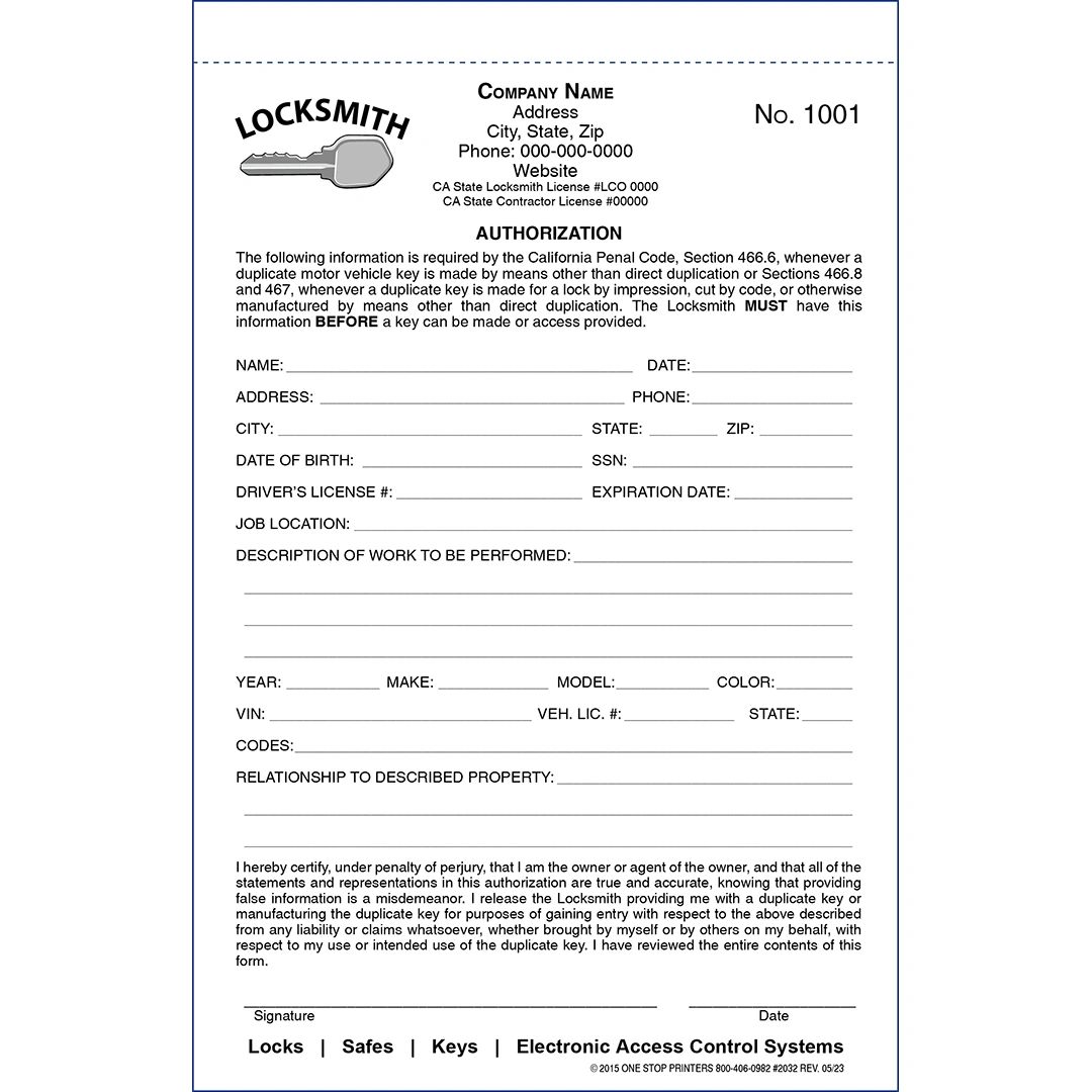 Locksmith Work Authorization Form for California #2032