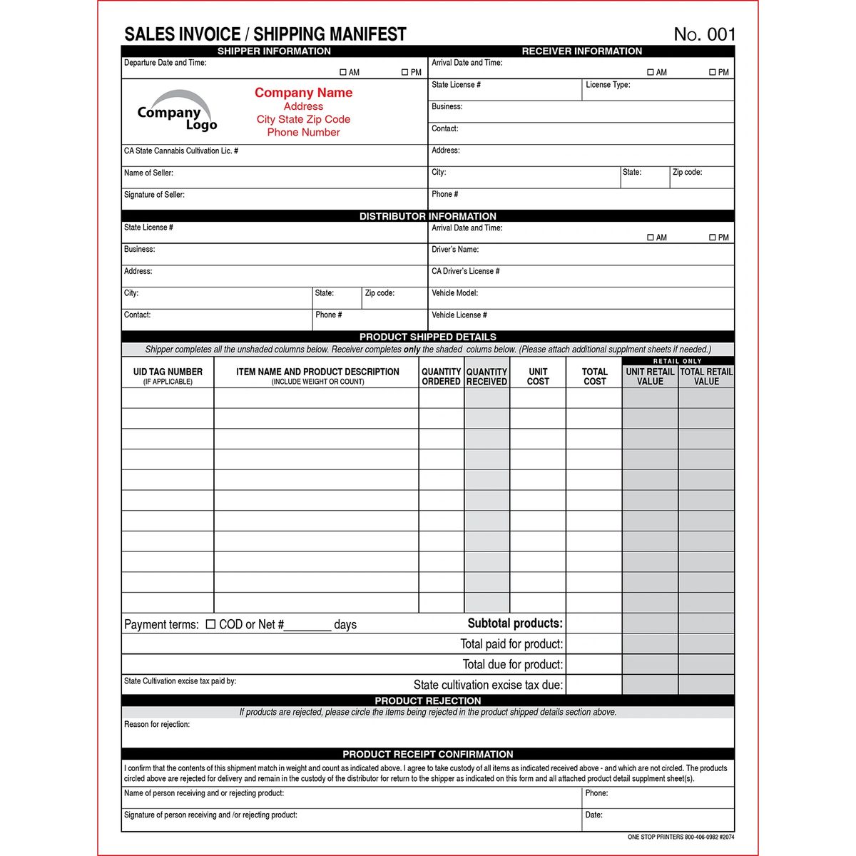 California Cannabis Sales Invoice Shipping Manifest #2074