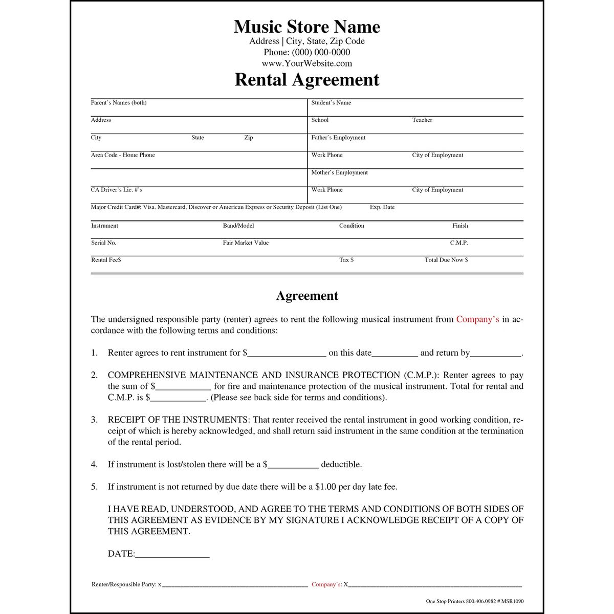 Music Store Instrument Rental Agreement #1090