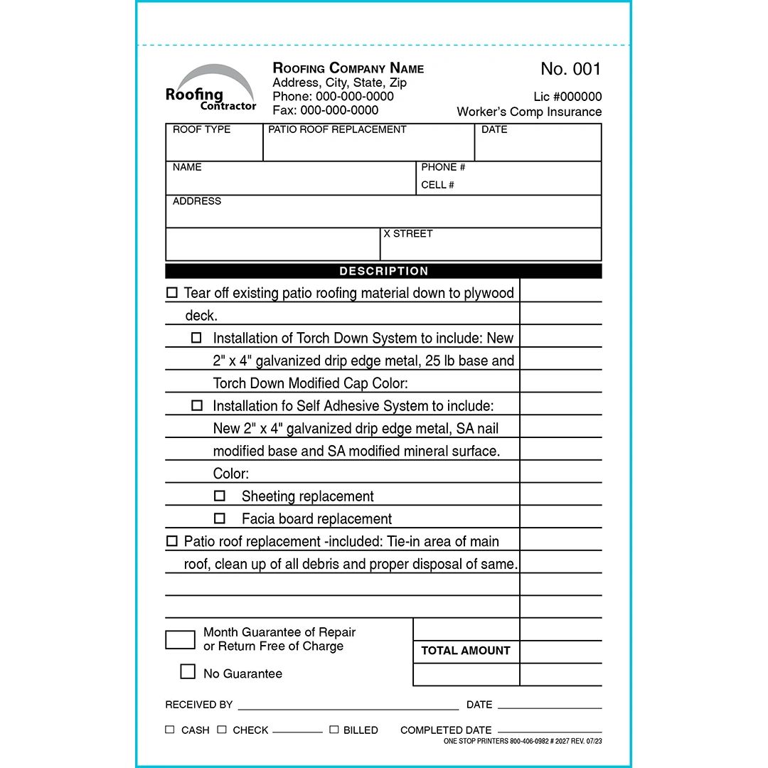 Roofing Contractor Patio Repair Invoice 2027 Roofing Contractor Patio Repair Invoice 2027
