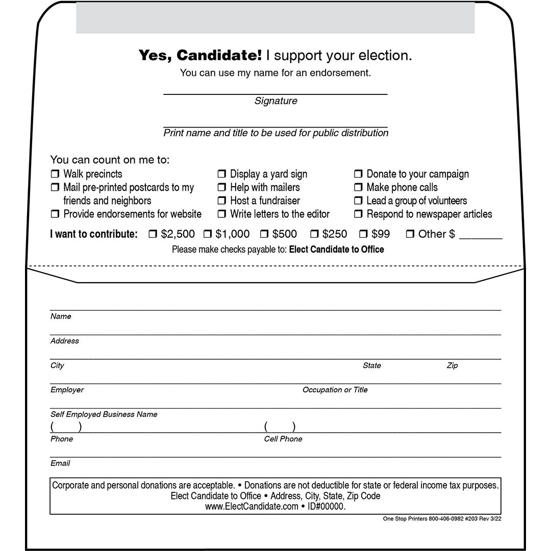 #6 1/2 Political Campaign Donation Envelope #203