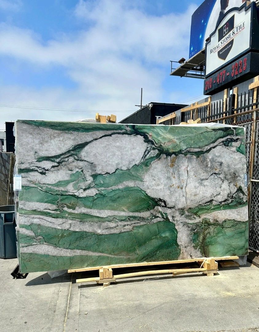 Tiffany Green and Patagonia quartzite slabs