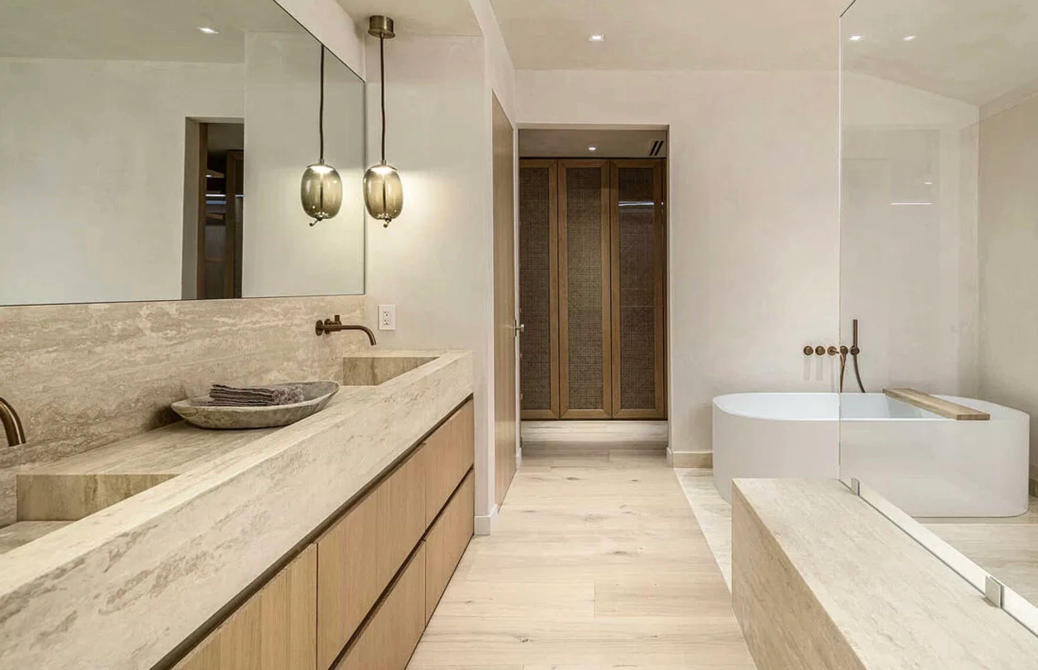 Travertine Vein Cut slab countertop with integrated sink