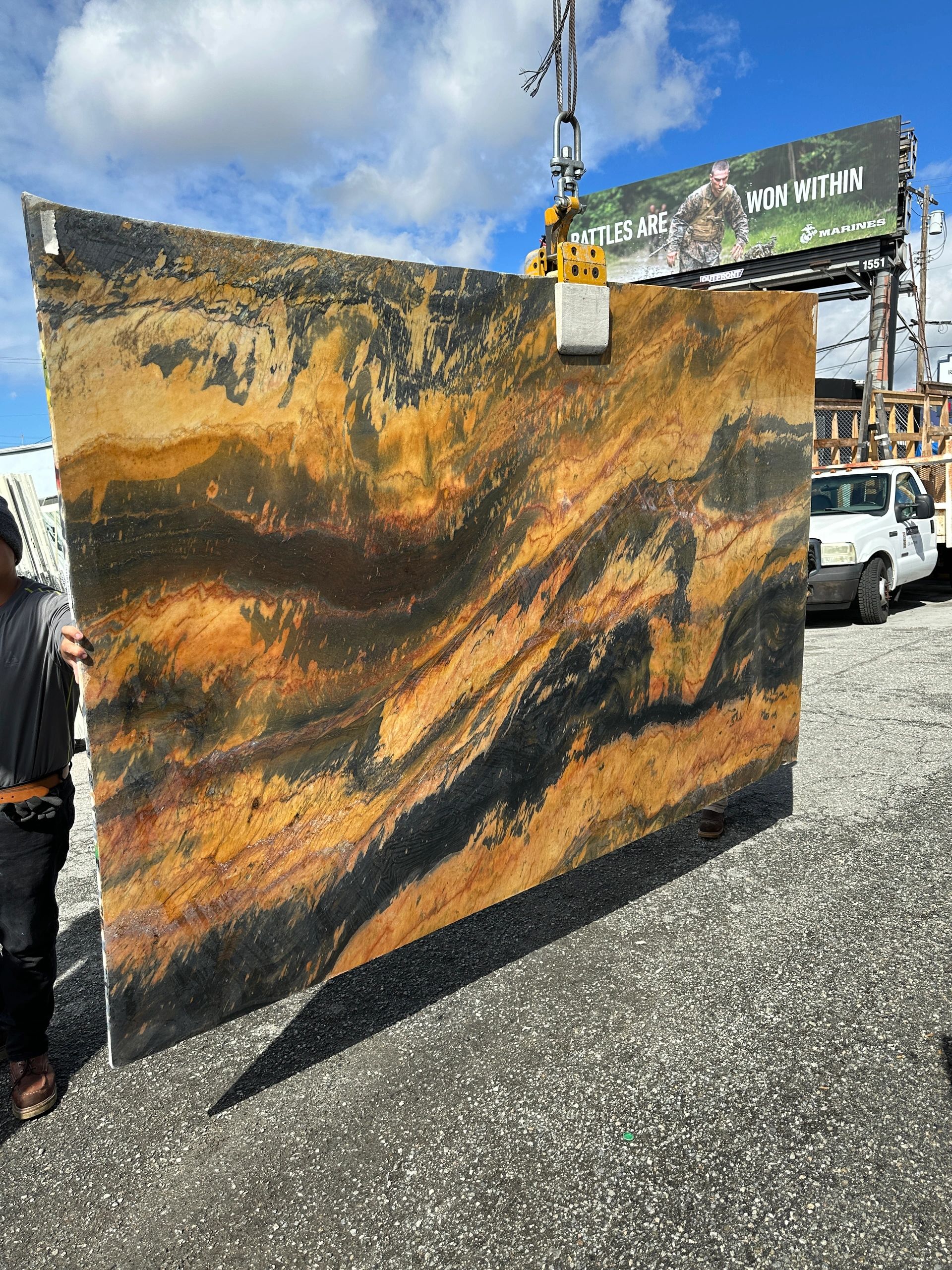 Miami Fusion Gold Quartzite Slabs in West Los Angeles Slab Yard