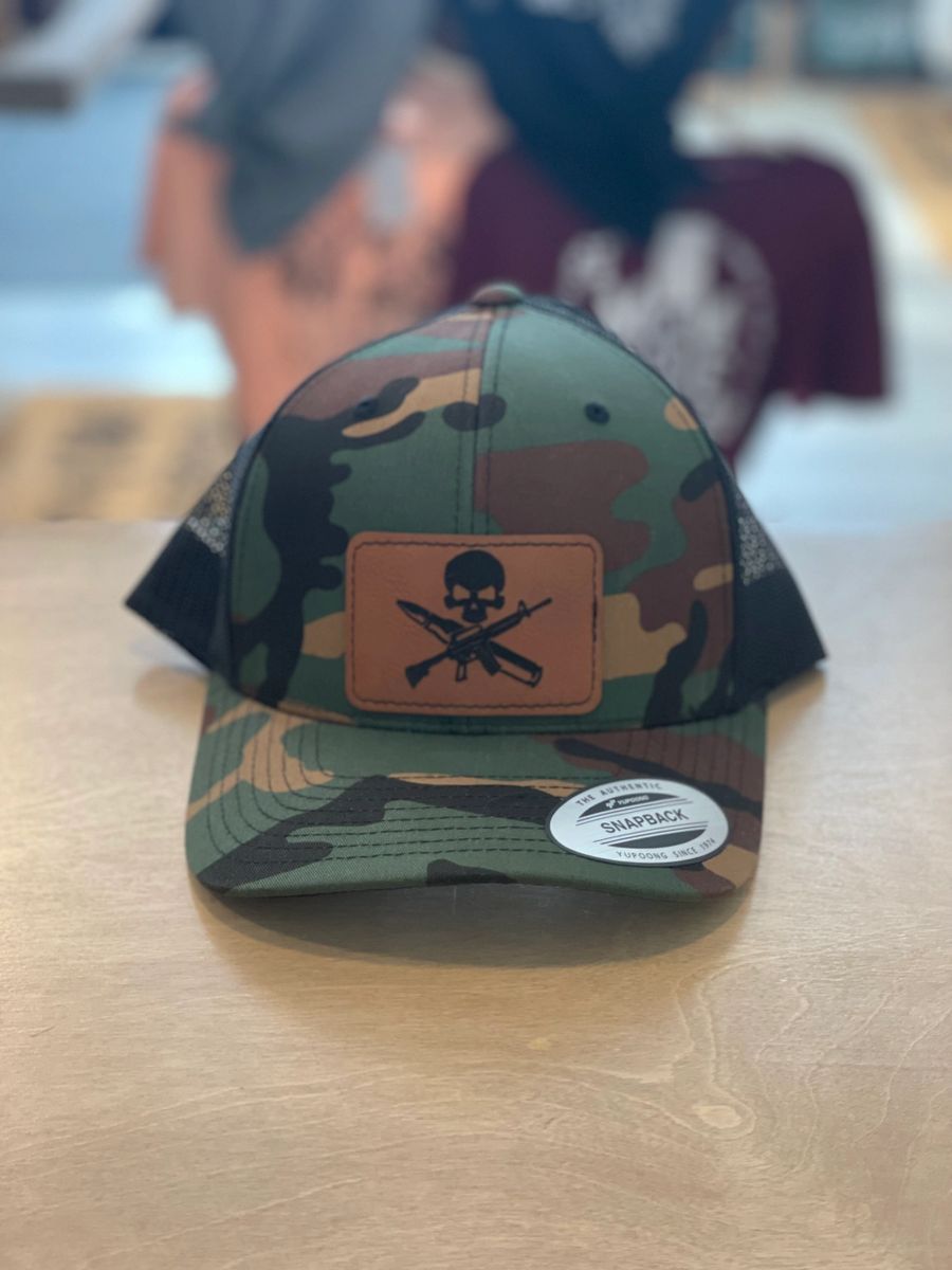 Skull With Machine Gun Leather Patch Hat