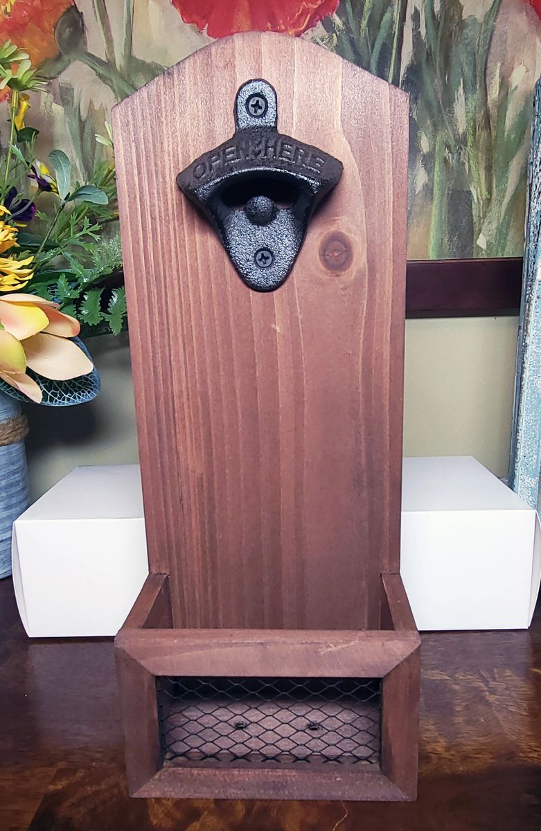 Wall Mounted Wooden Vintage Bottle/Beer Opener with Bottle Cap Catcher ...