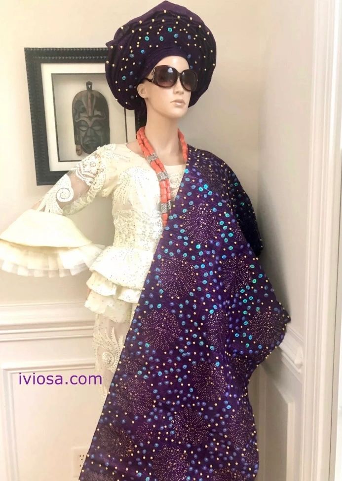 Purple Auto gele, With shoulder shawl/cover