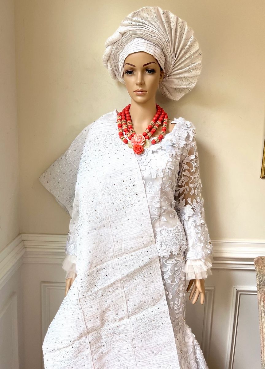 White Auto Gele with Shoulder Shawl/cover