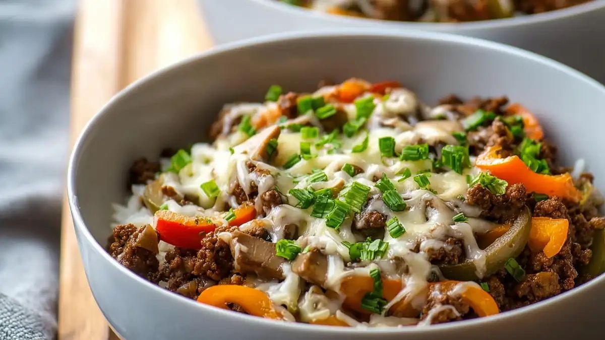 Ground Turkey or Beef Philly Cheesesteak Bowl with bell peppers, onions ...