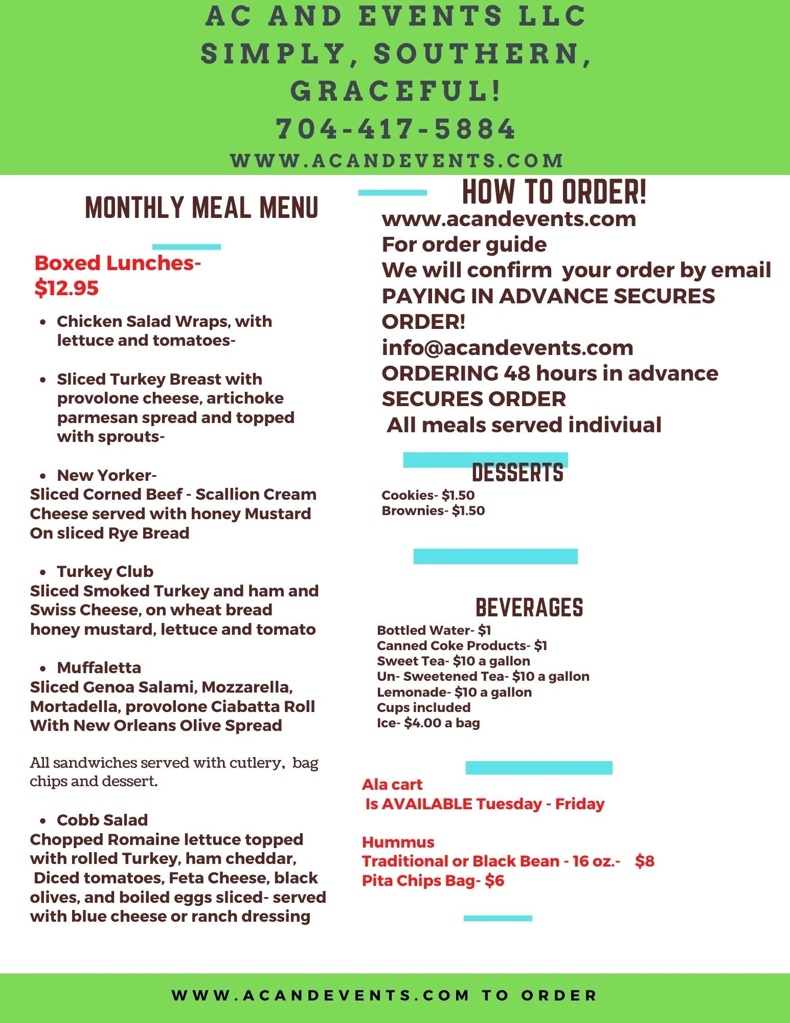 Monthly Menu- Available Lunch or Individual Dinners- 48hrs notice