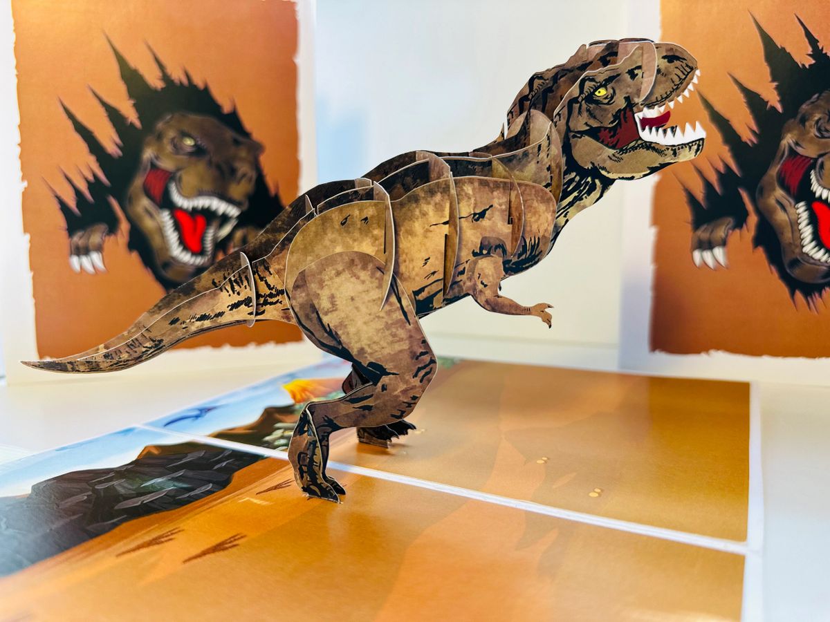 Brown Running T-Rex Dinosaur 3D Pop Up Greeting Card