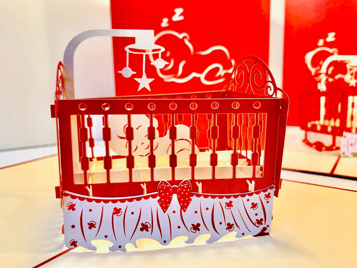 Metallic Baby Cot in Red Pop Up Card