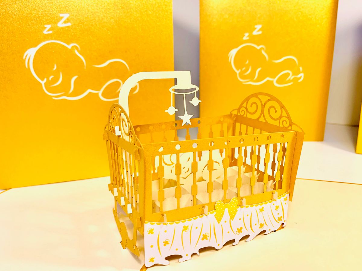 Metallic Baby Cot in Gold Pop Up Card