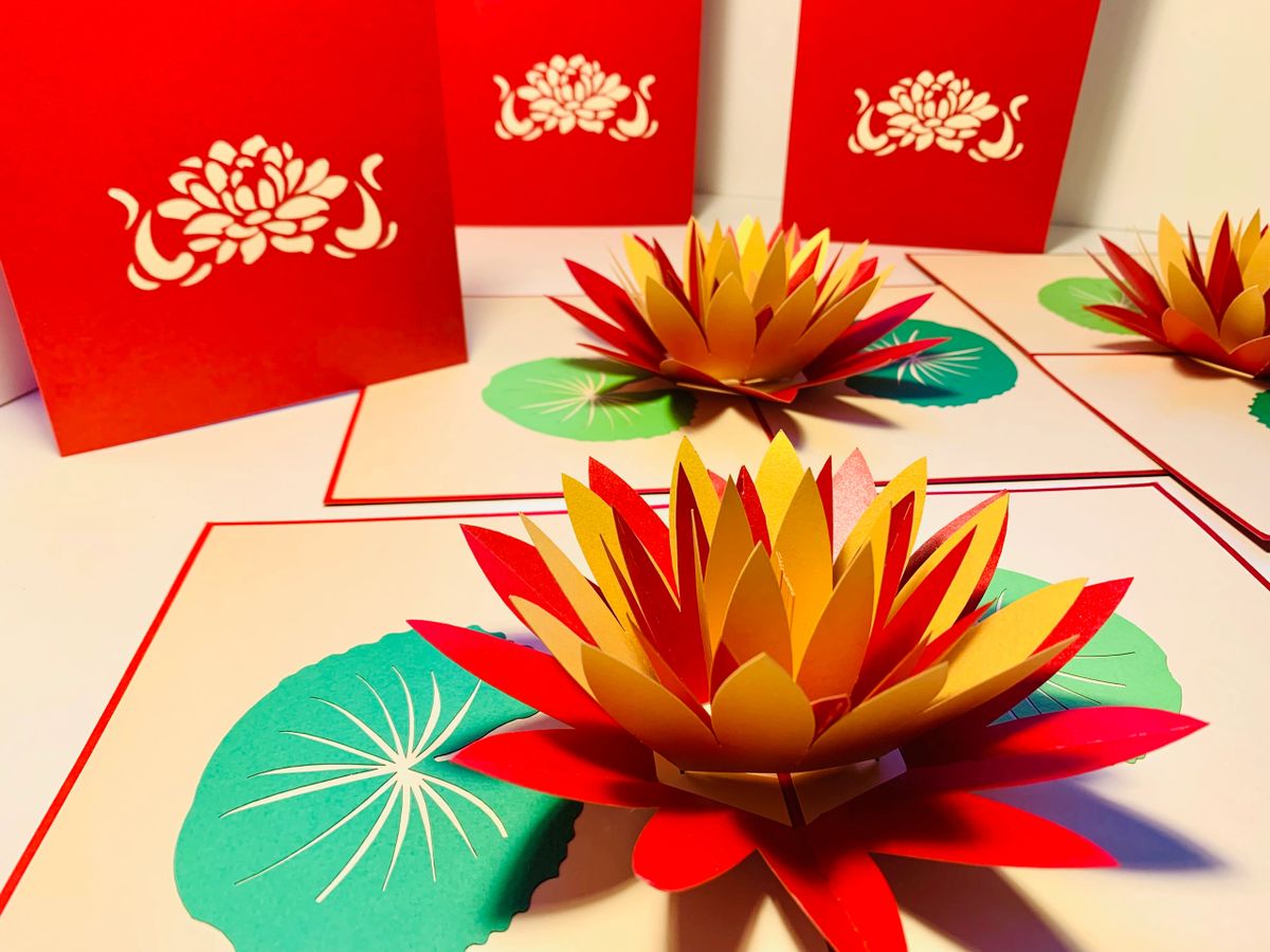Metallic Peaceful Red & Gold Lotus Pop Up Greeting Card - Large Size ...