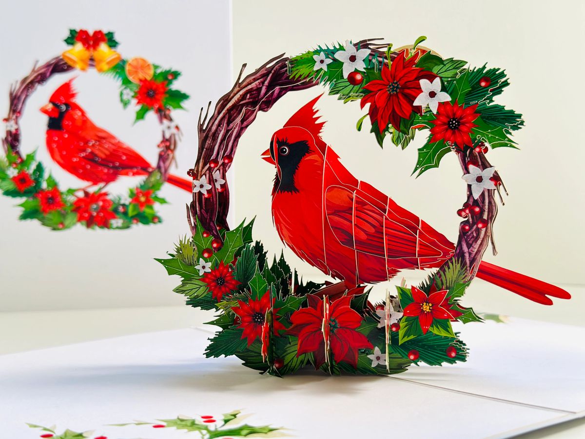 Happy Holidays Cardinal Red Bird with Poinsettia Red Flower Wreath 3D ...
