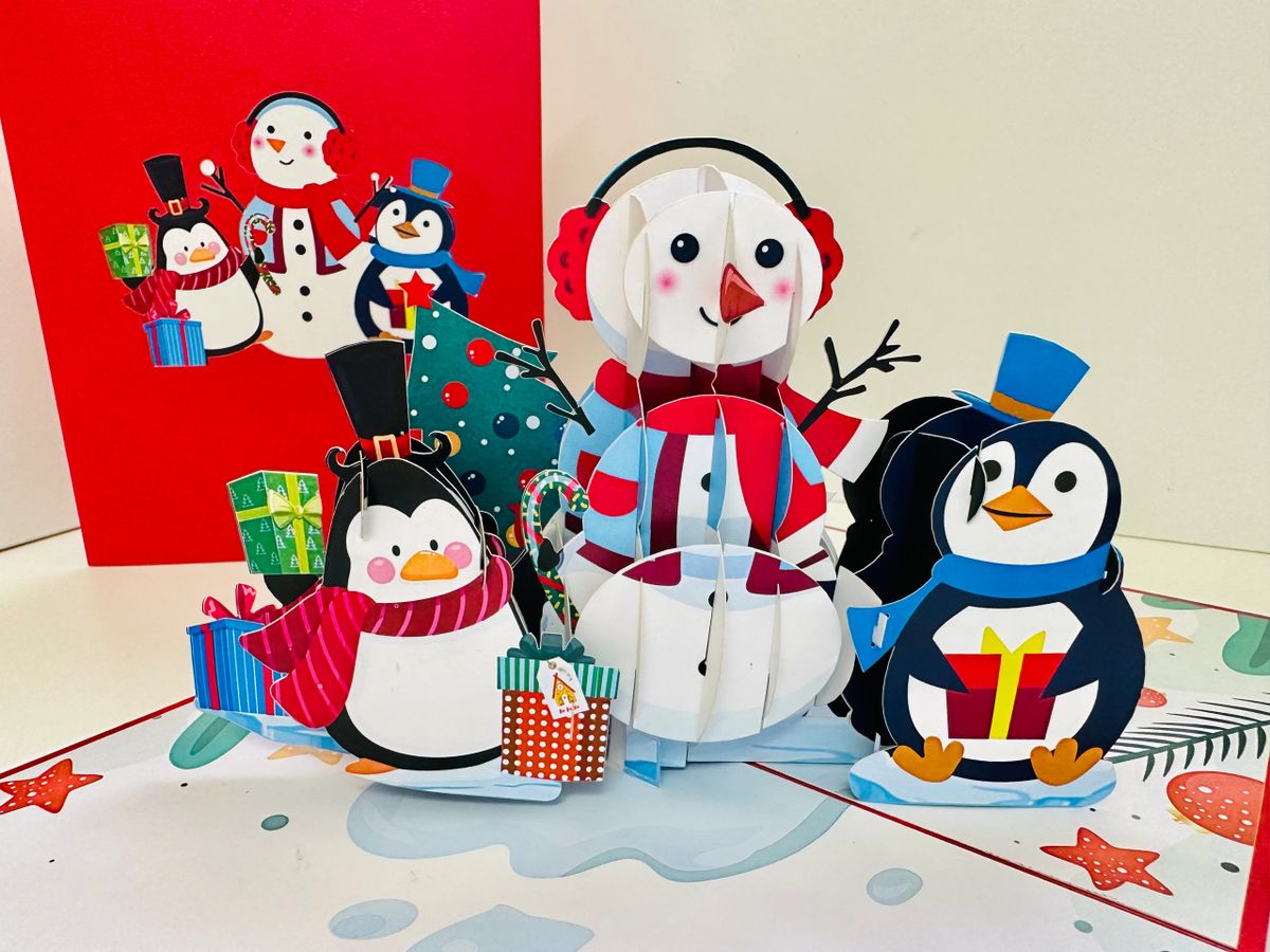 Cute Snowman & Penguins ~ 3D Pop Up Merry Christmas Greeting Card