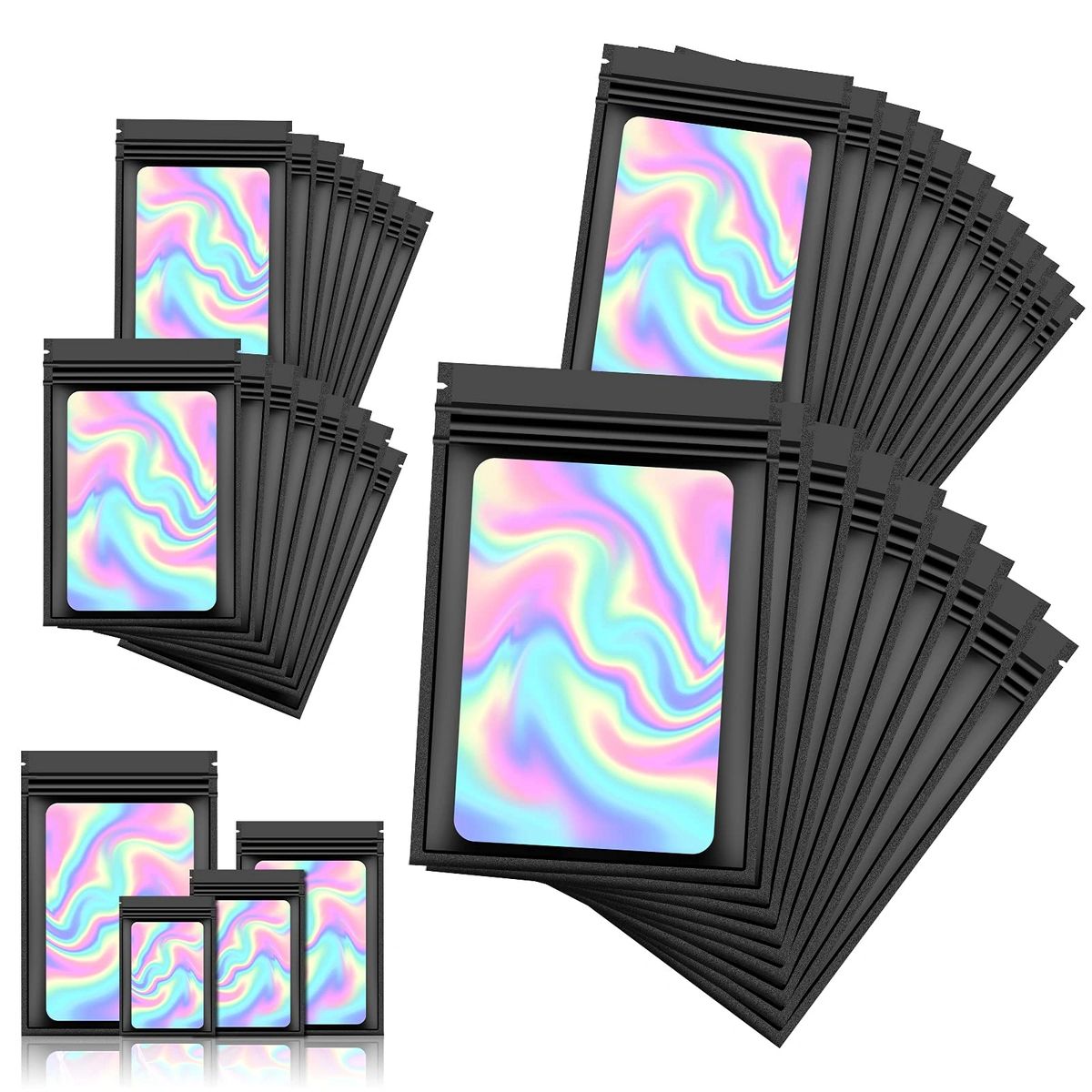 Black Mylar Clear Window Bags Holographic Background 100pk