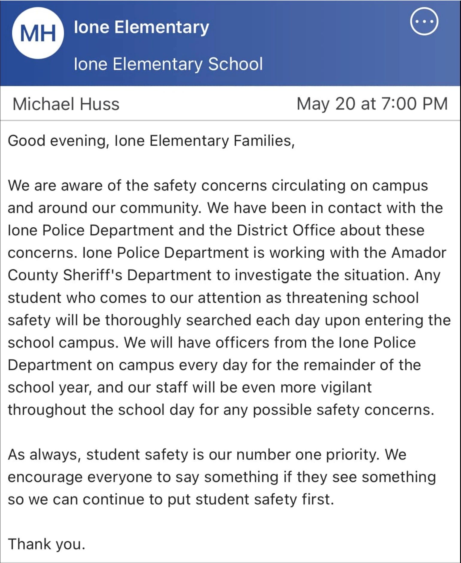 Ione PD Calm School Concerns