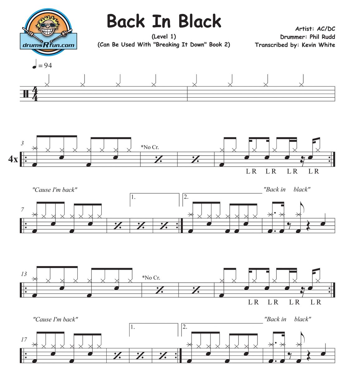 AC/DC, Back In Black Drum Transcription Level 1