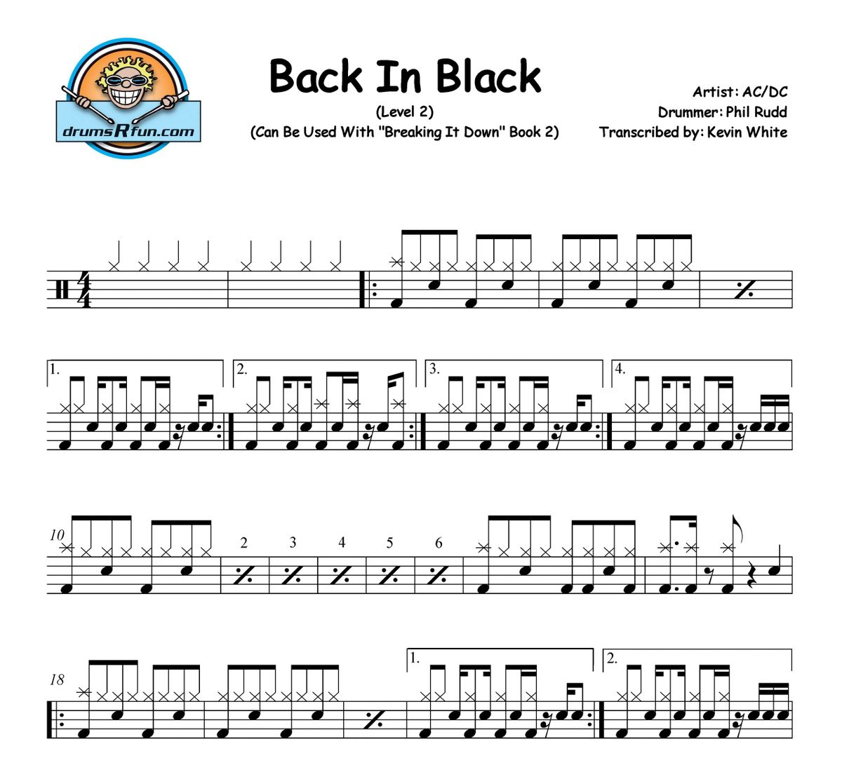 AC/DC, Back In Black Drum Transcription Level 2