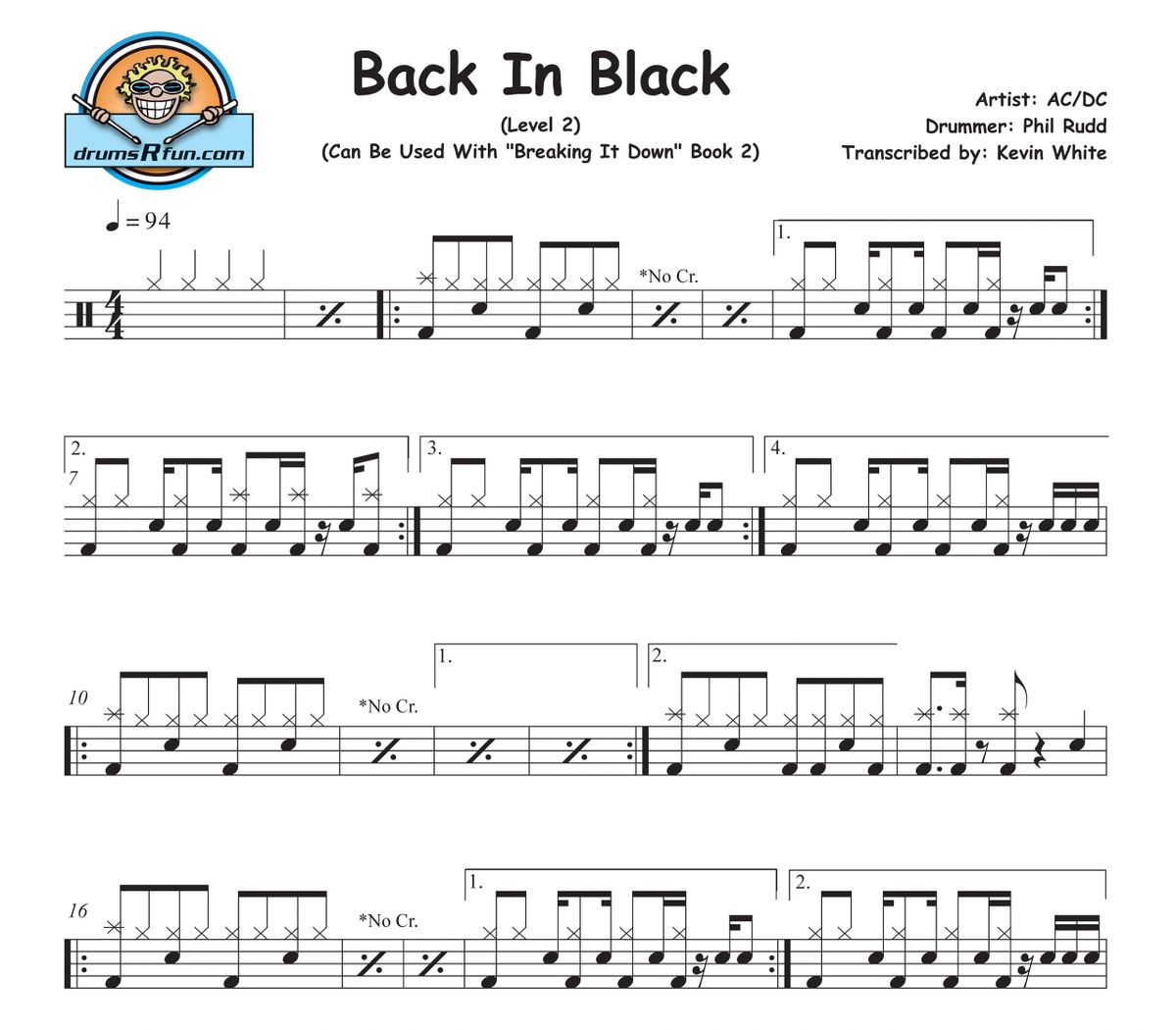 AC/DC, Back In Black Drum Transcription Level 2