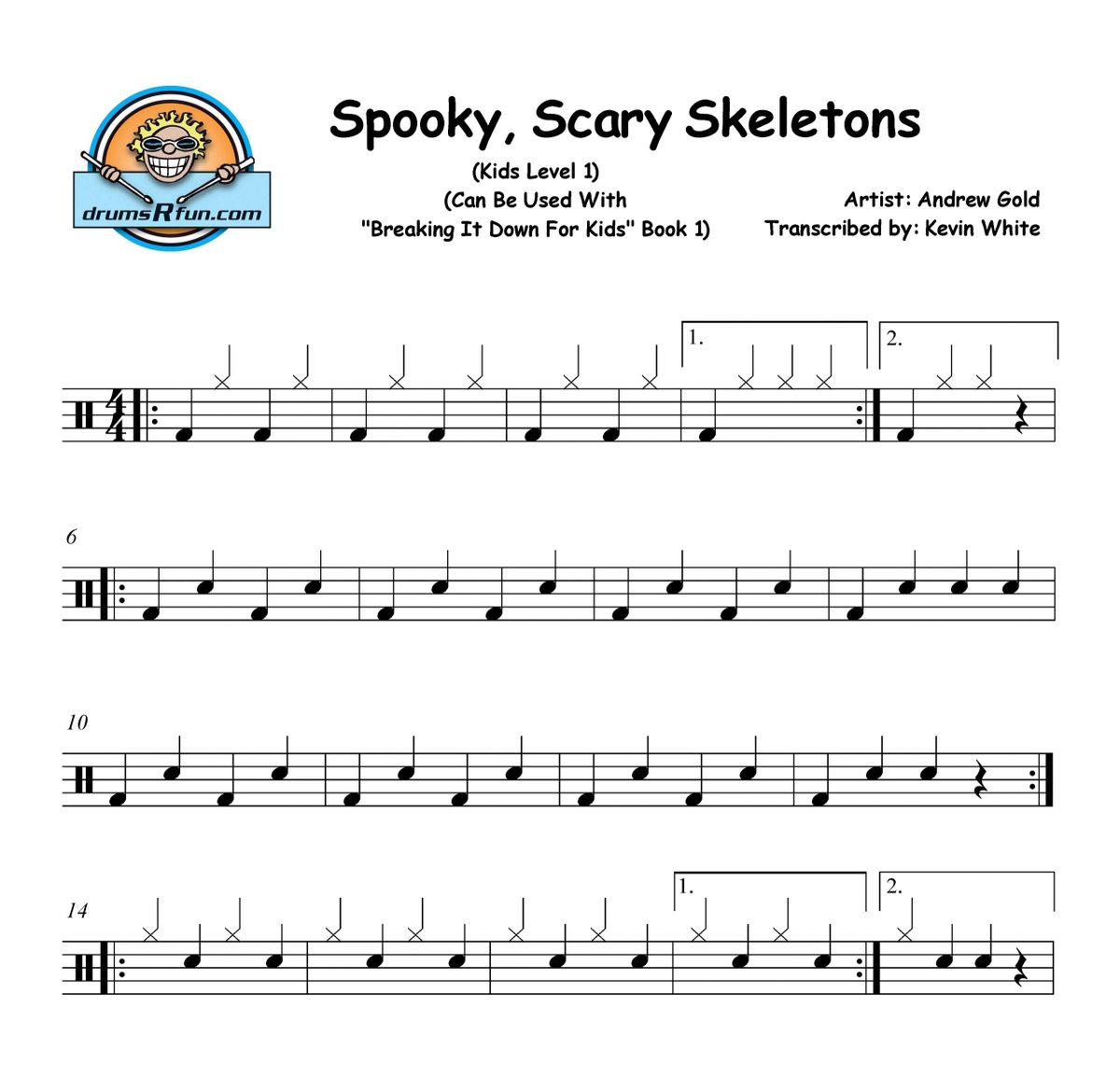 Andrew Gold, Spooky Scary Skeletons Drum Transcription For Kids Level 1