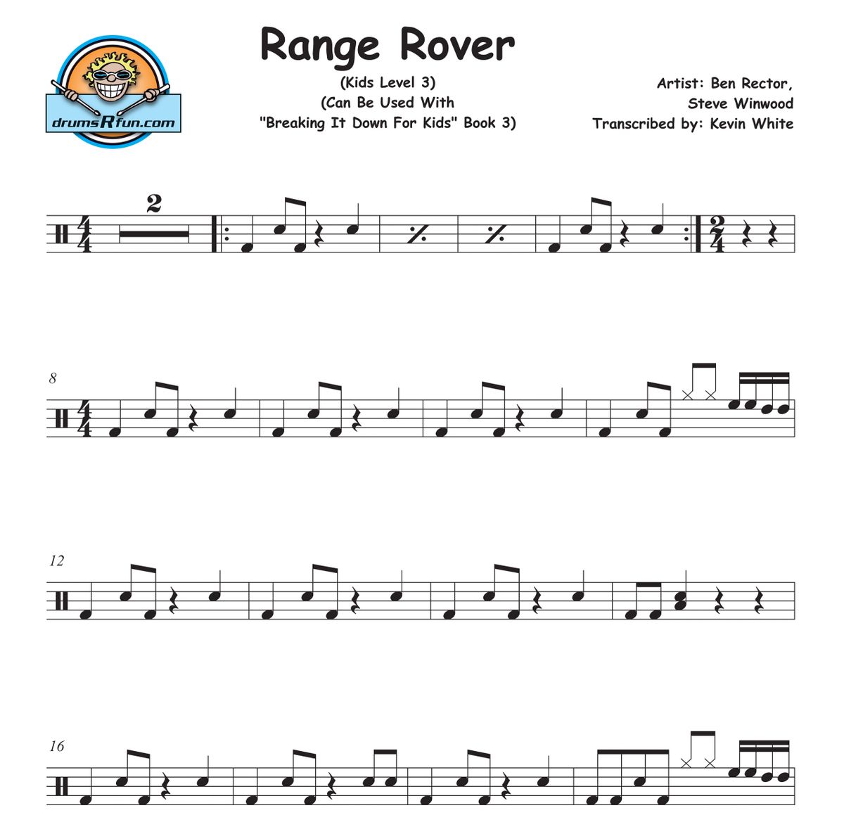 Ben Rector, Steve Winwood, Range Rover Drum Transcription Kids Level 3