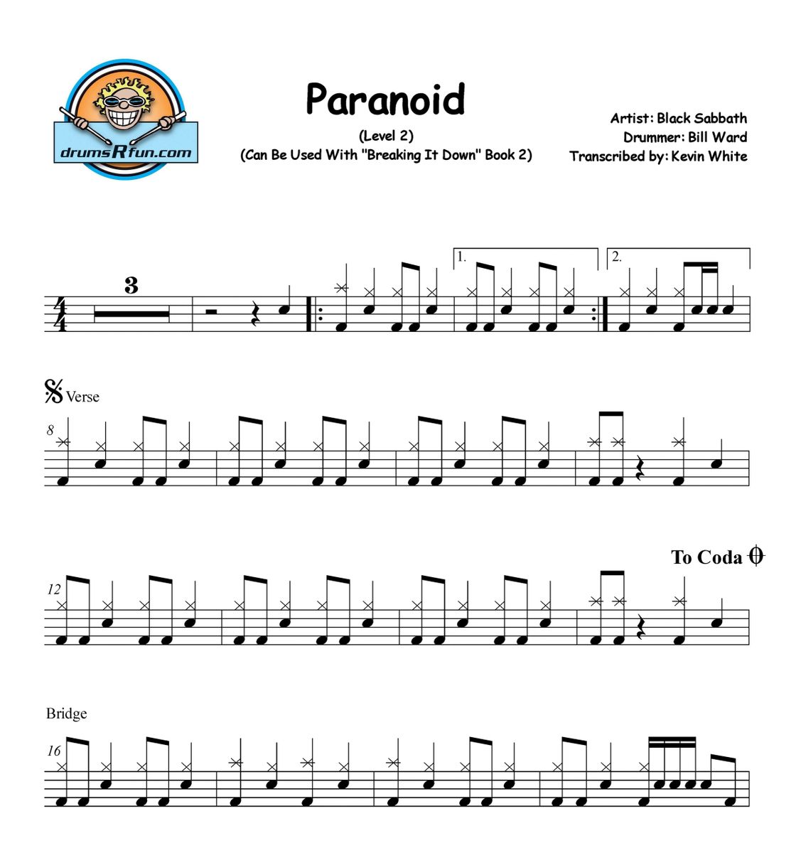 Black Sabbath, Paranoid Drum Transcription Level 2