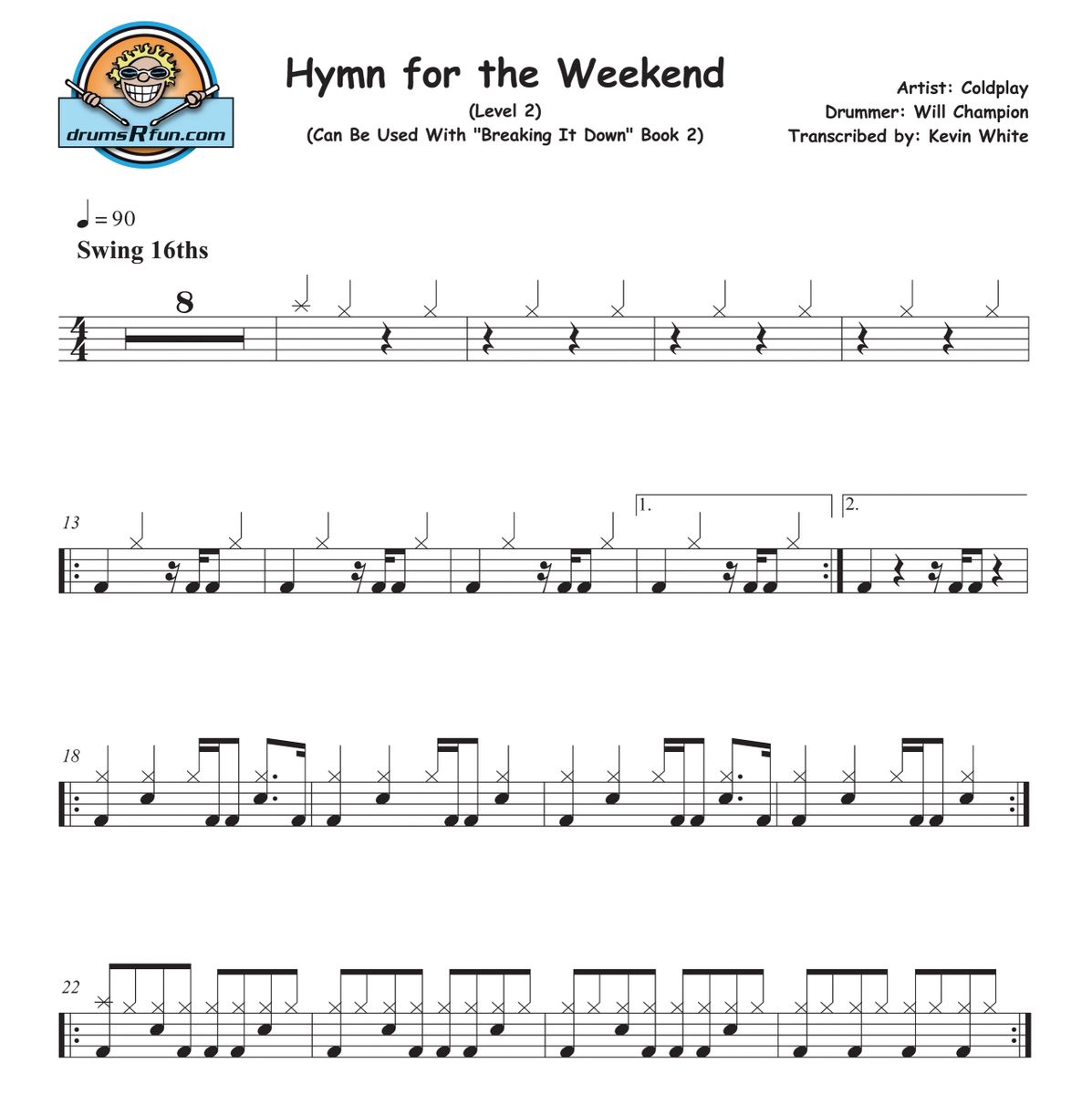 Coldplay, Hymn for the Weekend Drum Transcription Level 2